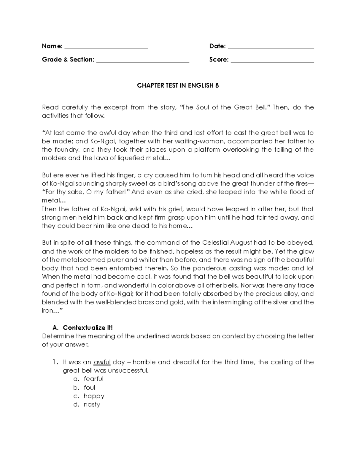 English 8 Module 1 Chapter Test Name Date