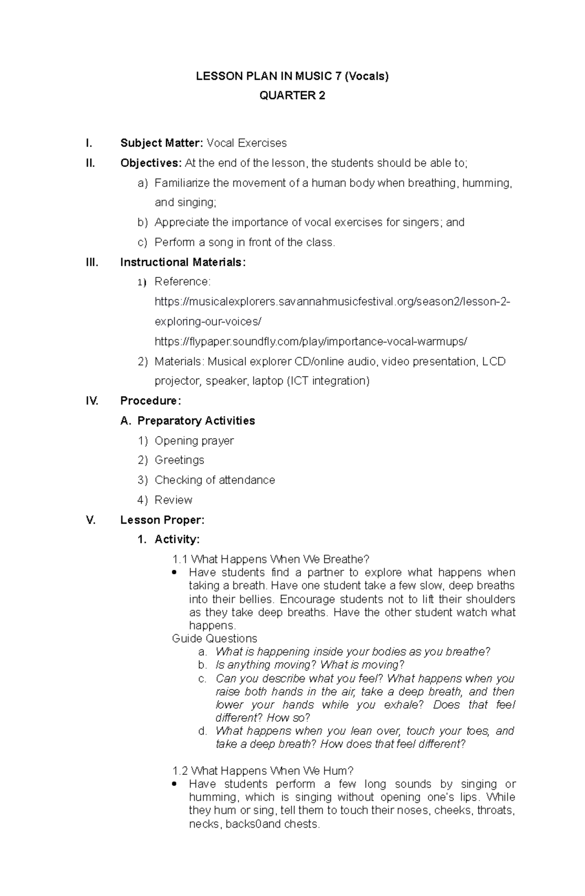 Gegone, Quenniejoy SPA Music 7 Q2 LP - LESSON PLAN IN MUSIC 7 (Vocals ...