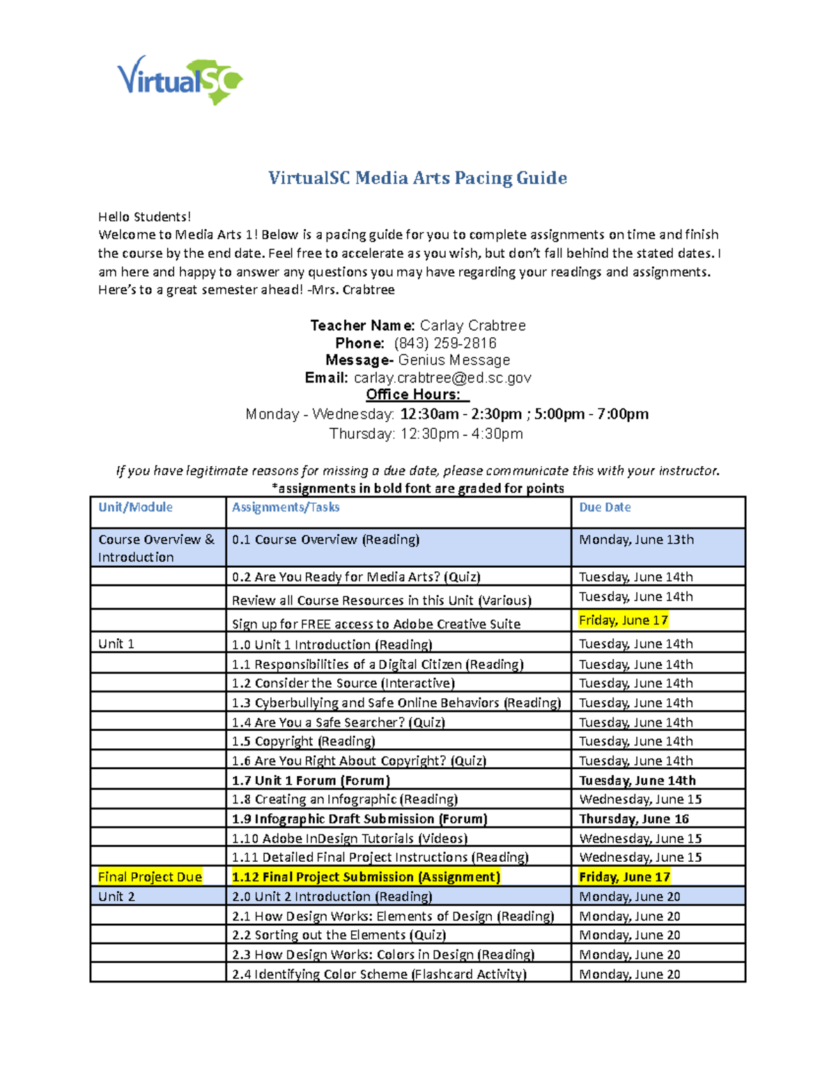 Pacing Guide Summer 2022.docx - VirtualSC Media Arts Pacing Guide Hello ...