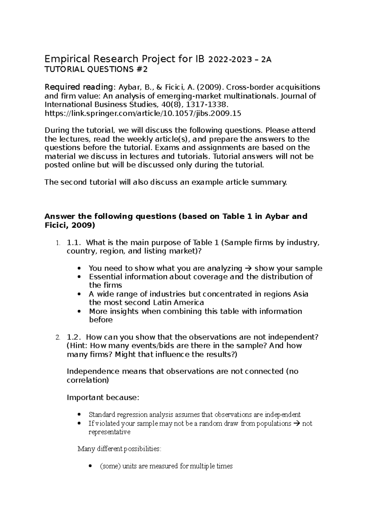 Tutorial 2 Questions and Answers - Empirical Research Project for IB 2022-2023 – 2A TUTORIAL ...