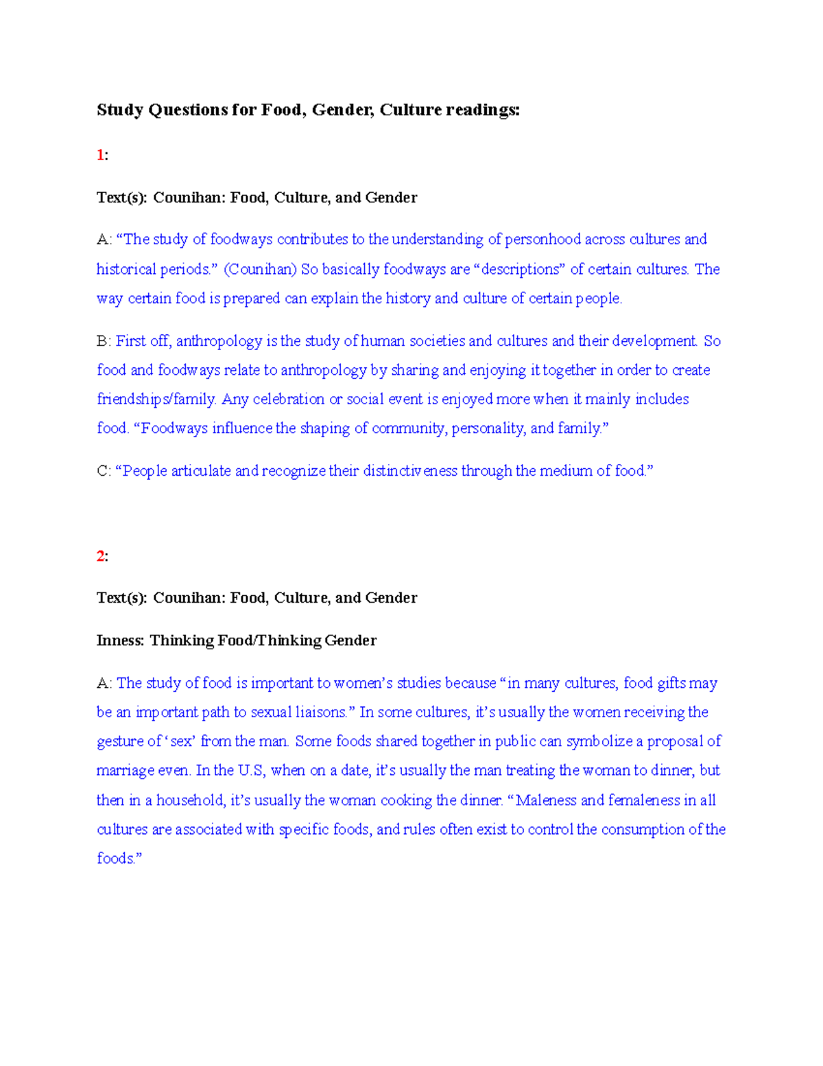 ANTH223- Study Questions - Study Questions for Food, Gender, Culture ...