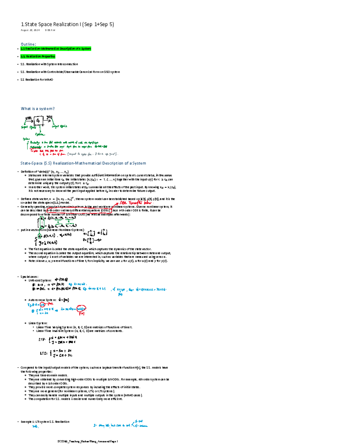 1 State Space Realization I Sep 1 Sep 5 Outline S Realization Mathematical Description Of A