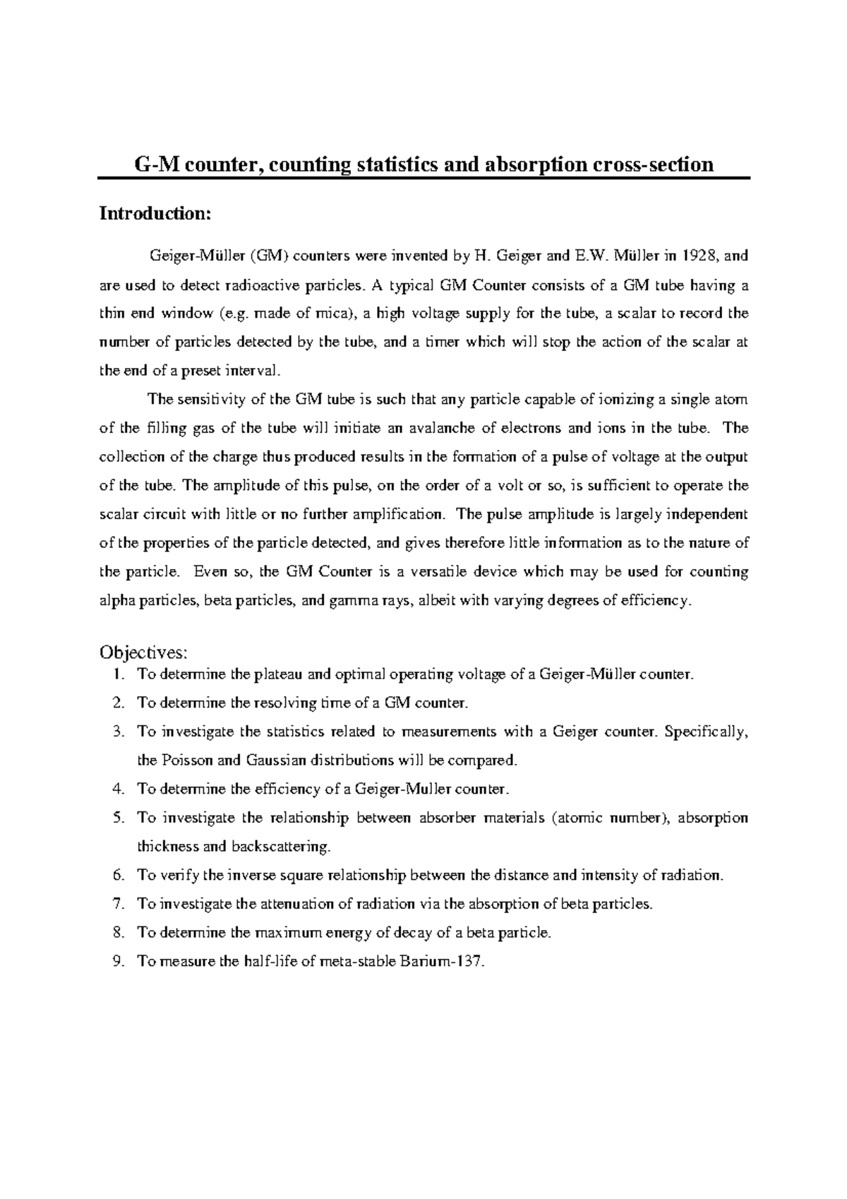 GM - GM counter - G-M counter, counting statistics and absorption cross ...