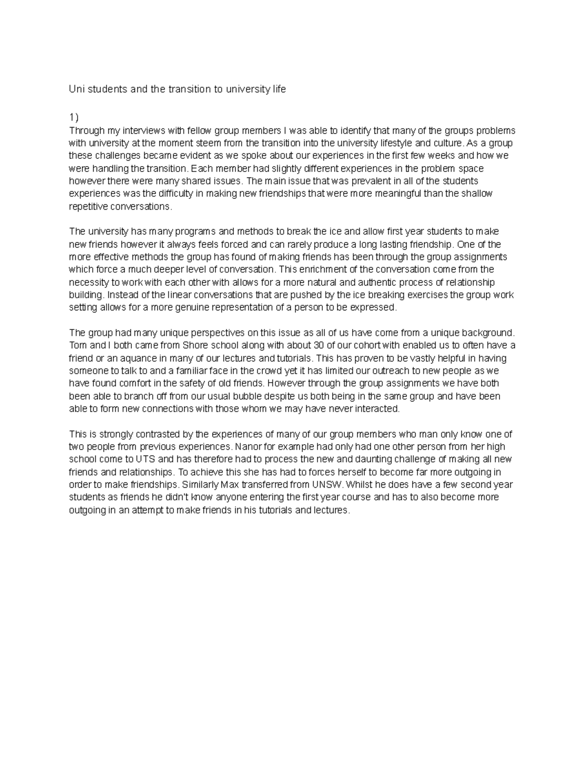 Task one 14/15 Transitioning into university - Uni students and the ...