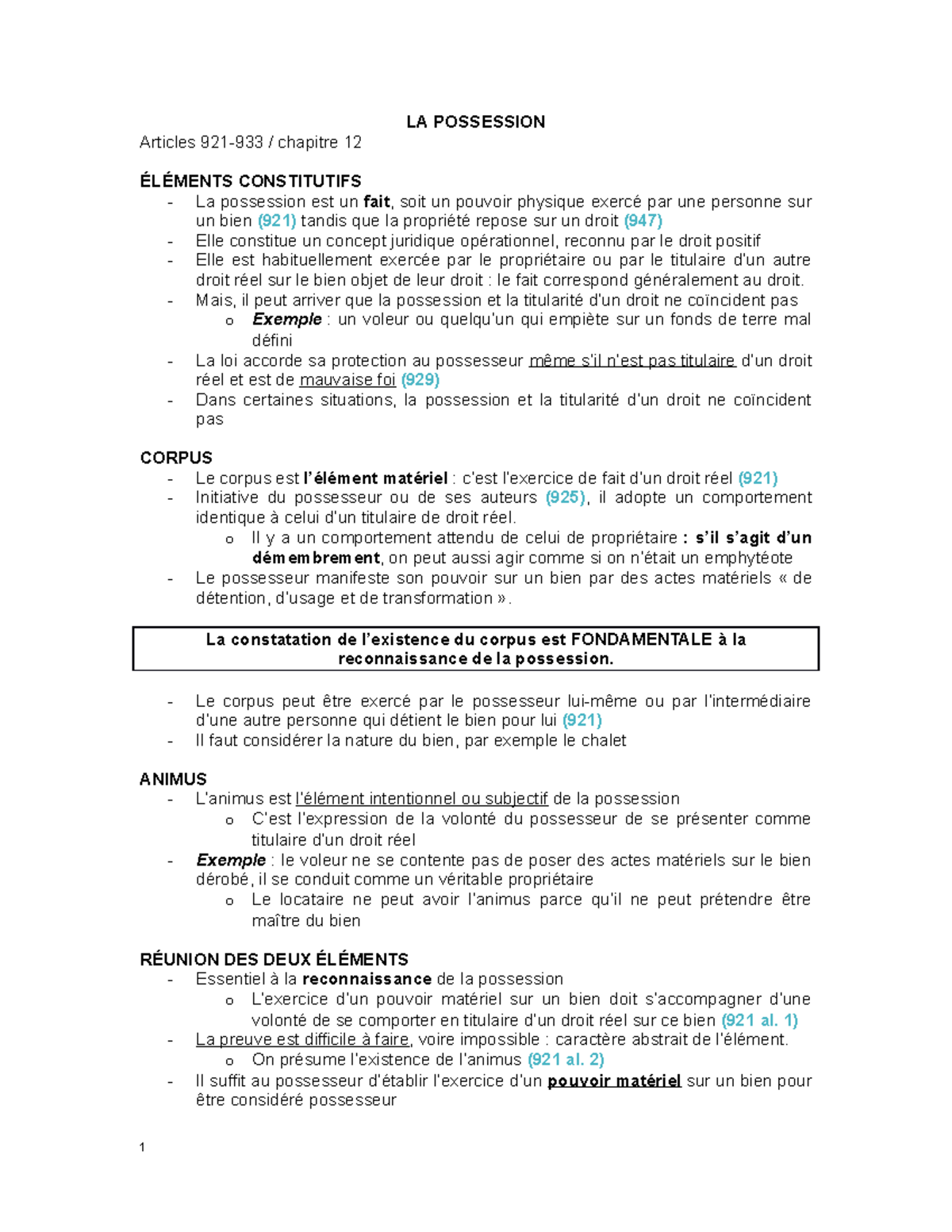 LA Possession - Résumé - LA POSSESSION Articles 921-933 / chapitre 12 ...