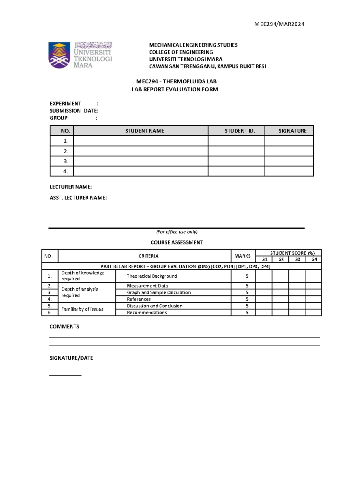 LAB Report Stability - MEC 294 /MAR 2024 MECHANICAL ENGINEERING STUDIES COLLEGE OF ENGINEERING ...