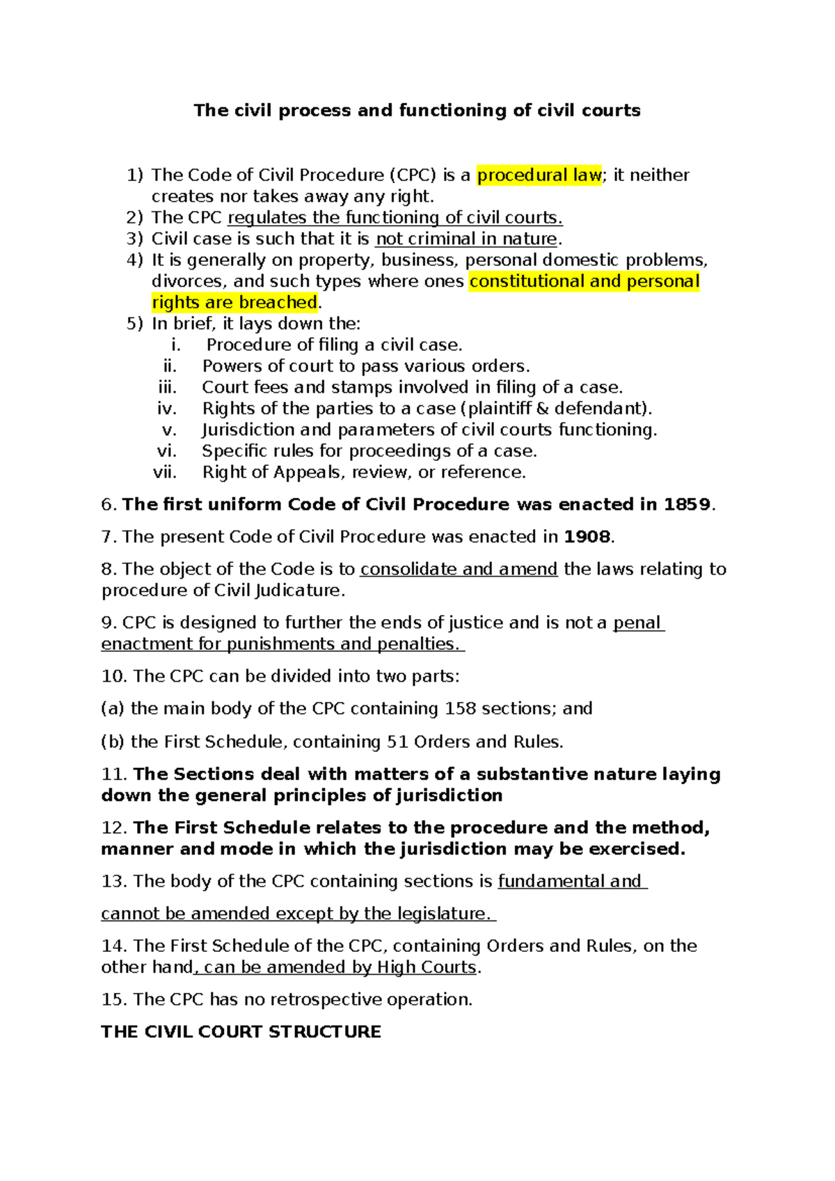 Legal unit 4 notes - CLASS 12 - The civil process and functioning of ...