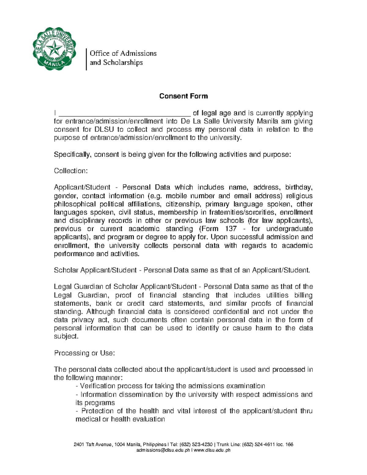 Gs consent form long - Summary Civic Welfare Training Program - and Scholarships 2401 Taft ...