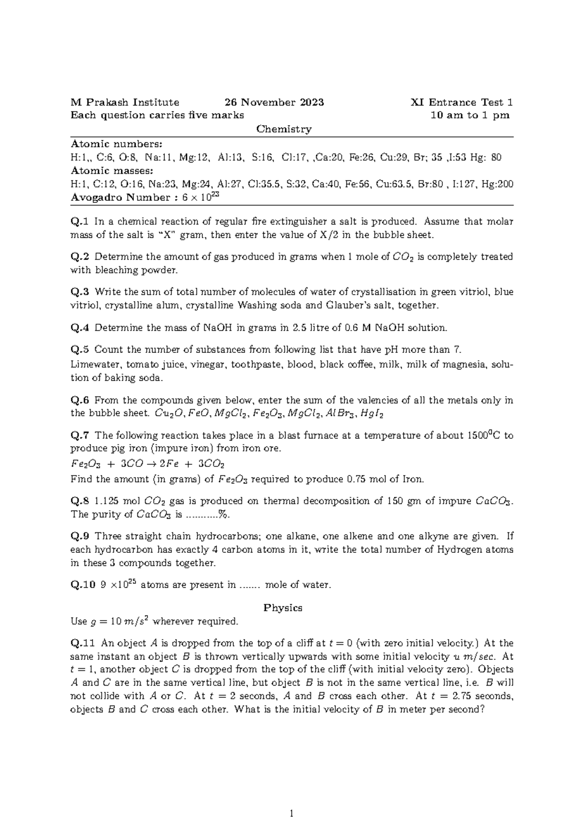 11th Entrance 26Nov2023 Question Paper - M Prakash Institute 26 ...