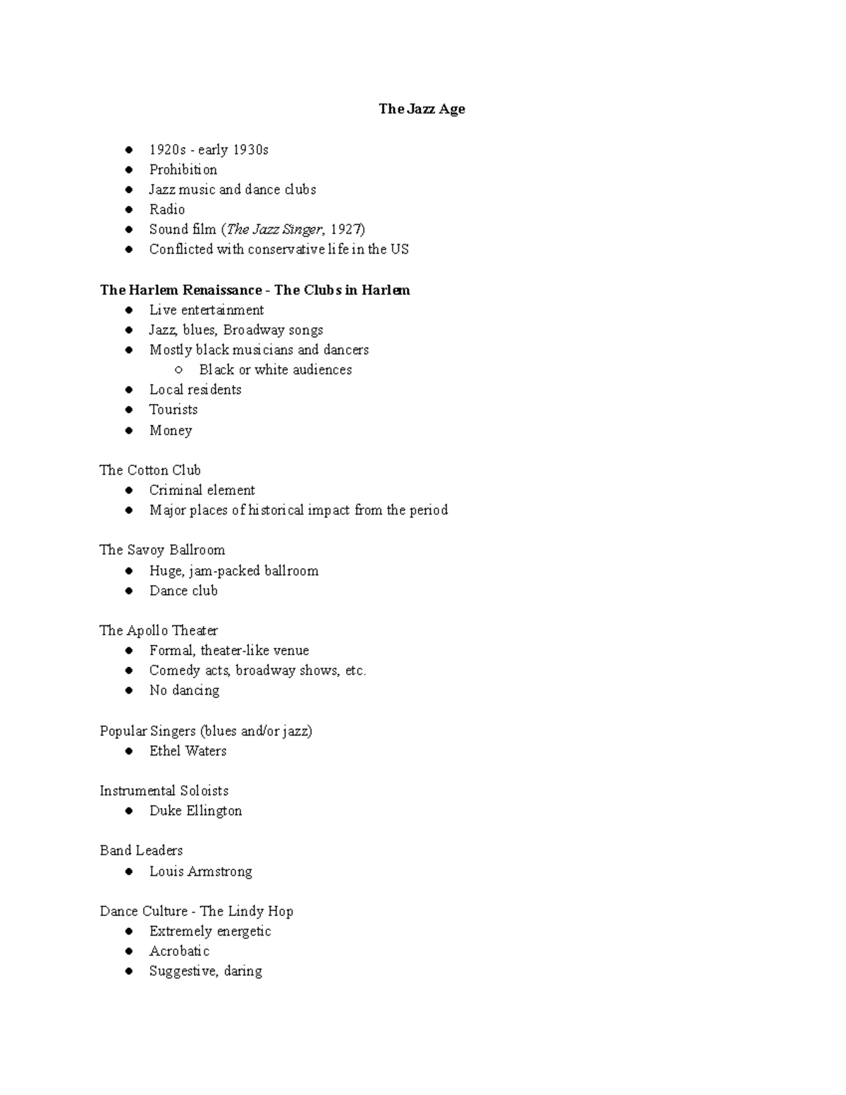 Class Lecture Notes - The Jazz Age 1920s - early 1930s Prohibition Jazz ...