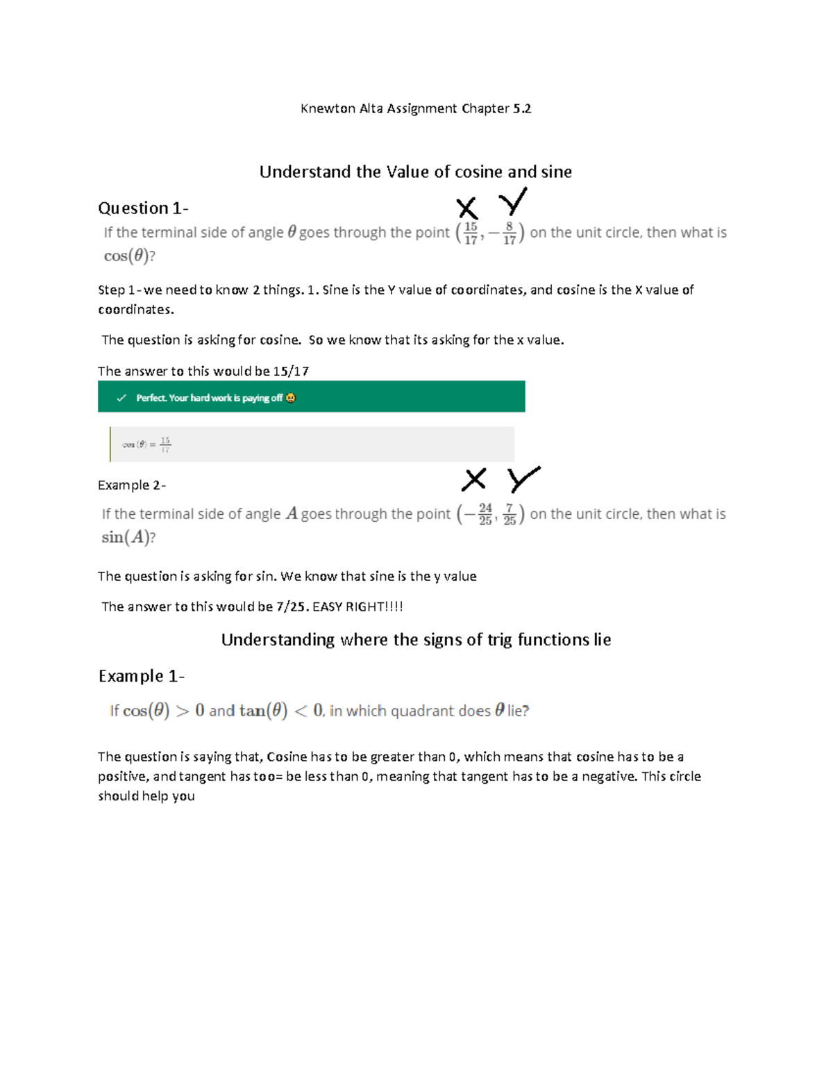 Knewton Alta Assignment Chapter 5 - Understand the Value of cosine and sine Question 1- Step 1 ...