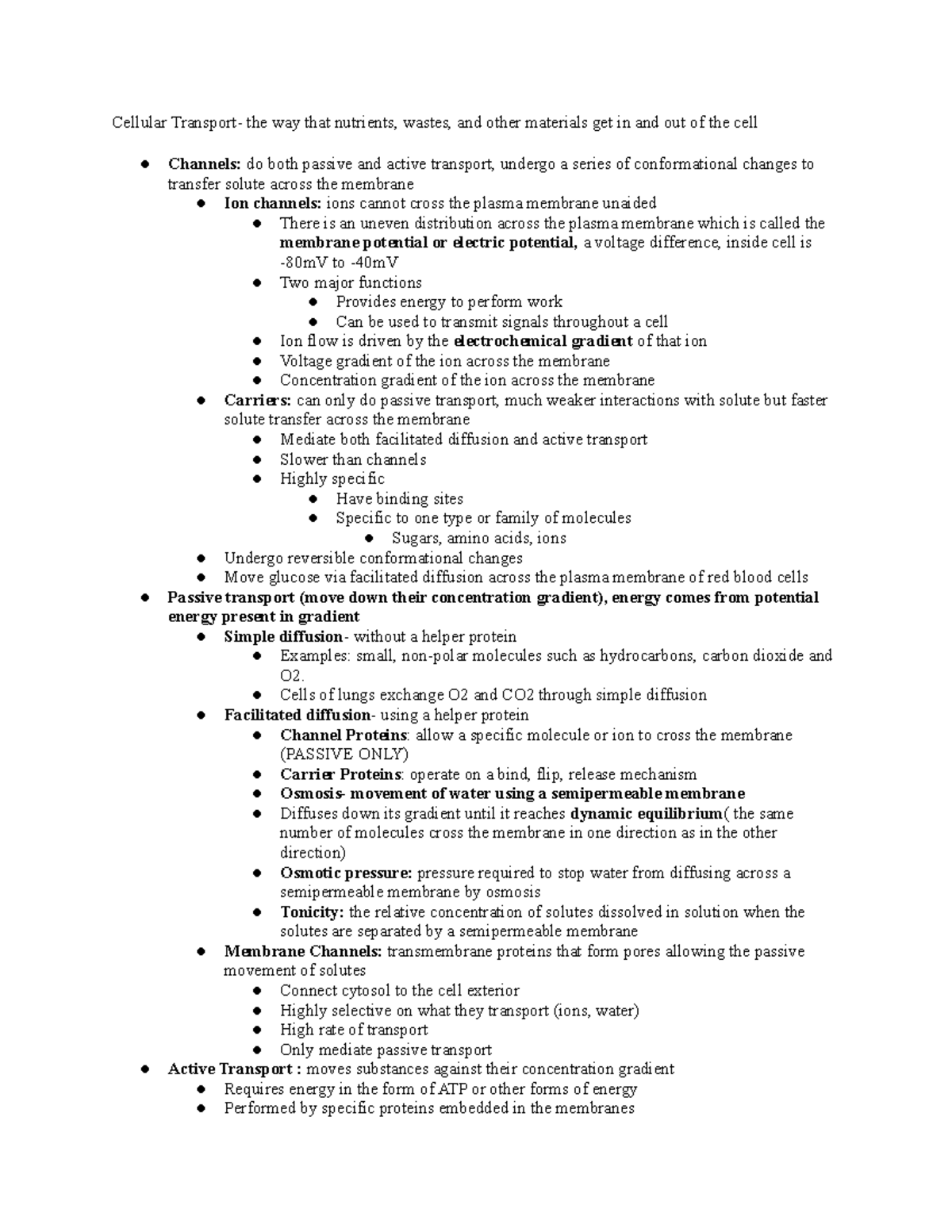 Exam 2 review bio - Cellular Transport- the way that nutrients, wastes ...