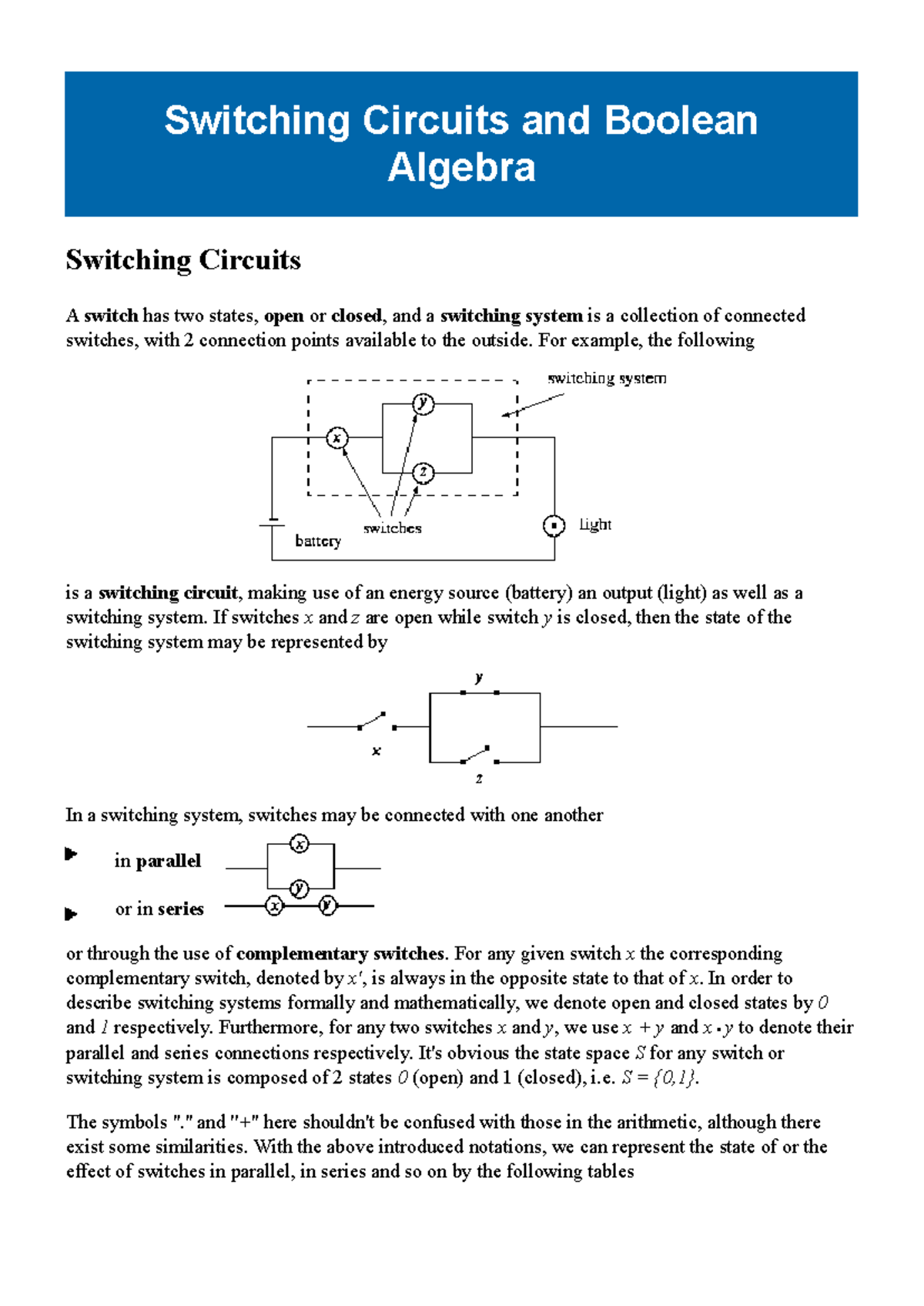 Discrete Mathematics - For learning purposes - Switching Circuits and Boolean Algebra Switching ...