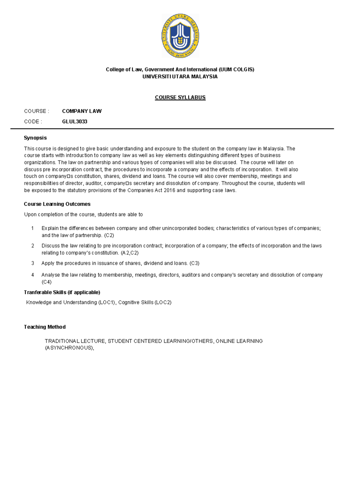 Syllabus Student Preview GLUL3033 - College of Law, Government And ...