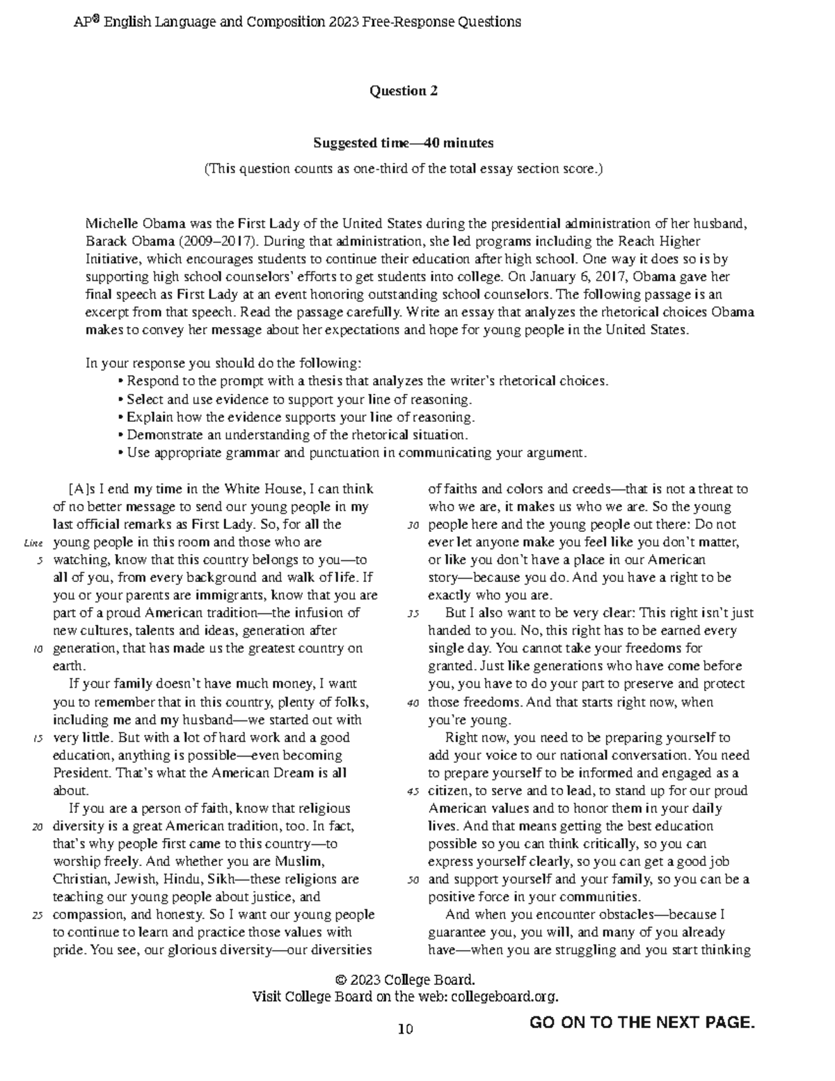 Obama AP English Language and Composition 2023 Free-Response Questions ...