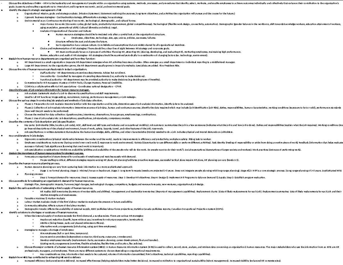 Cheat Sheet Notes for 211 - Discuss the objectives of HRM - HRM is the ...