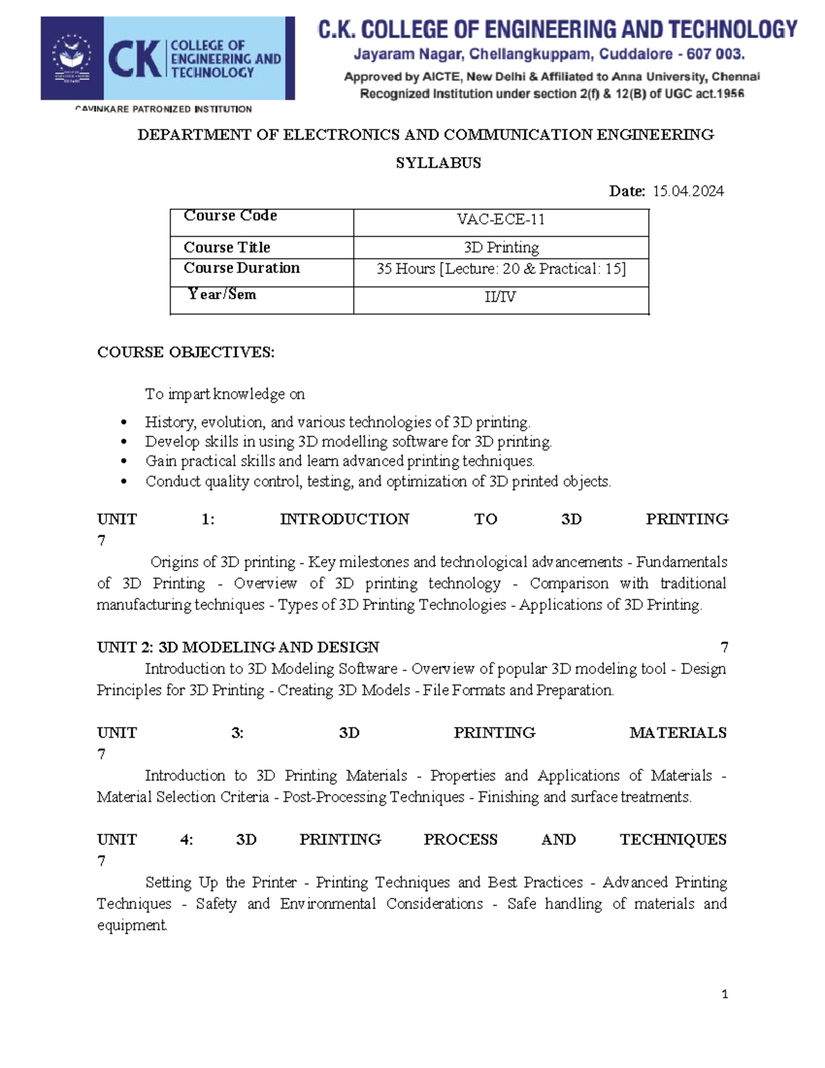 Syllabus - good - DEPARTMENT OF ELECTRONICS AND COMMUNICATION ENGINEERING SYLLABUS Date: 15 ...