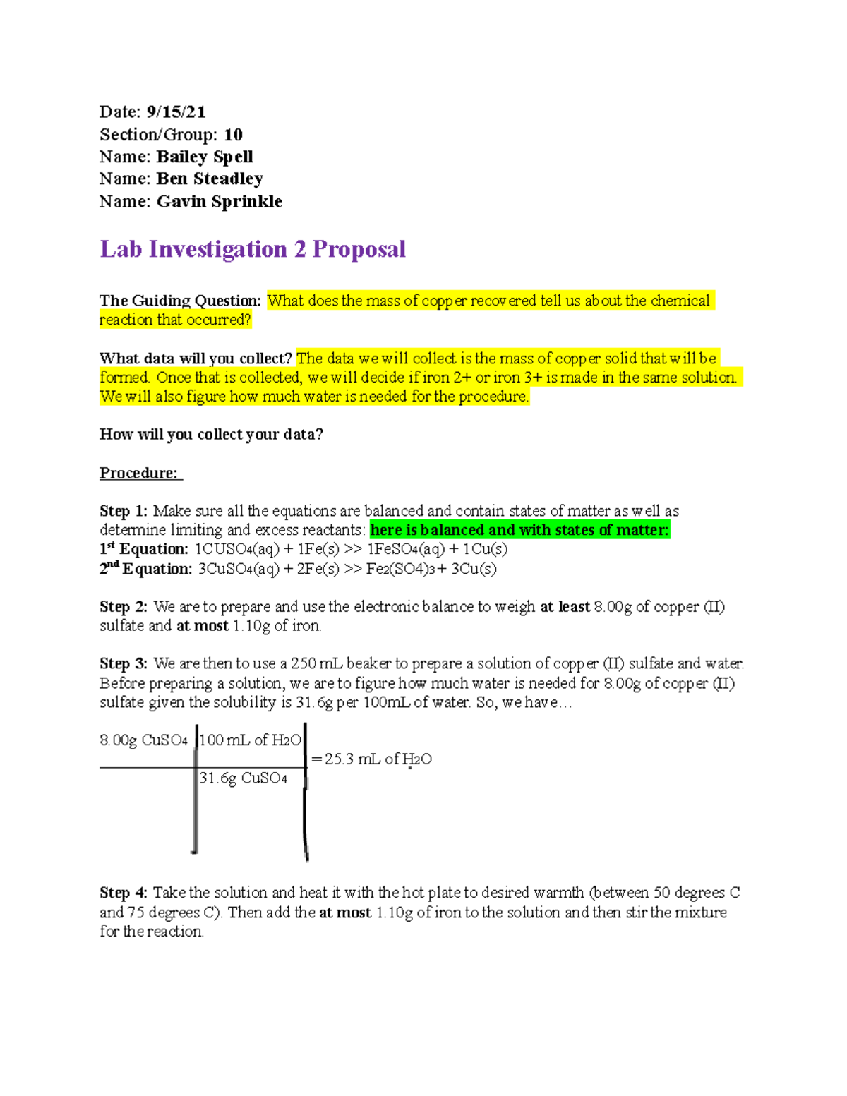 Lab Investigation Proposal Practice - Date: 9/15/ Section/Group: 10 ...