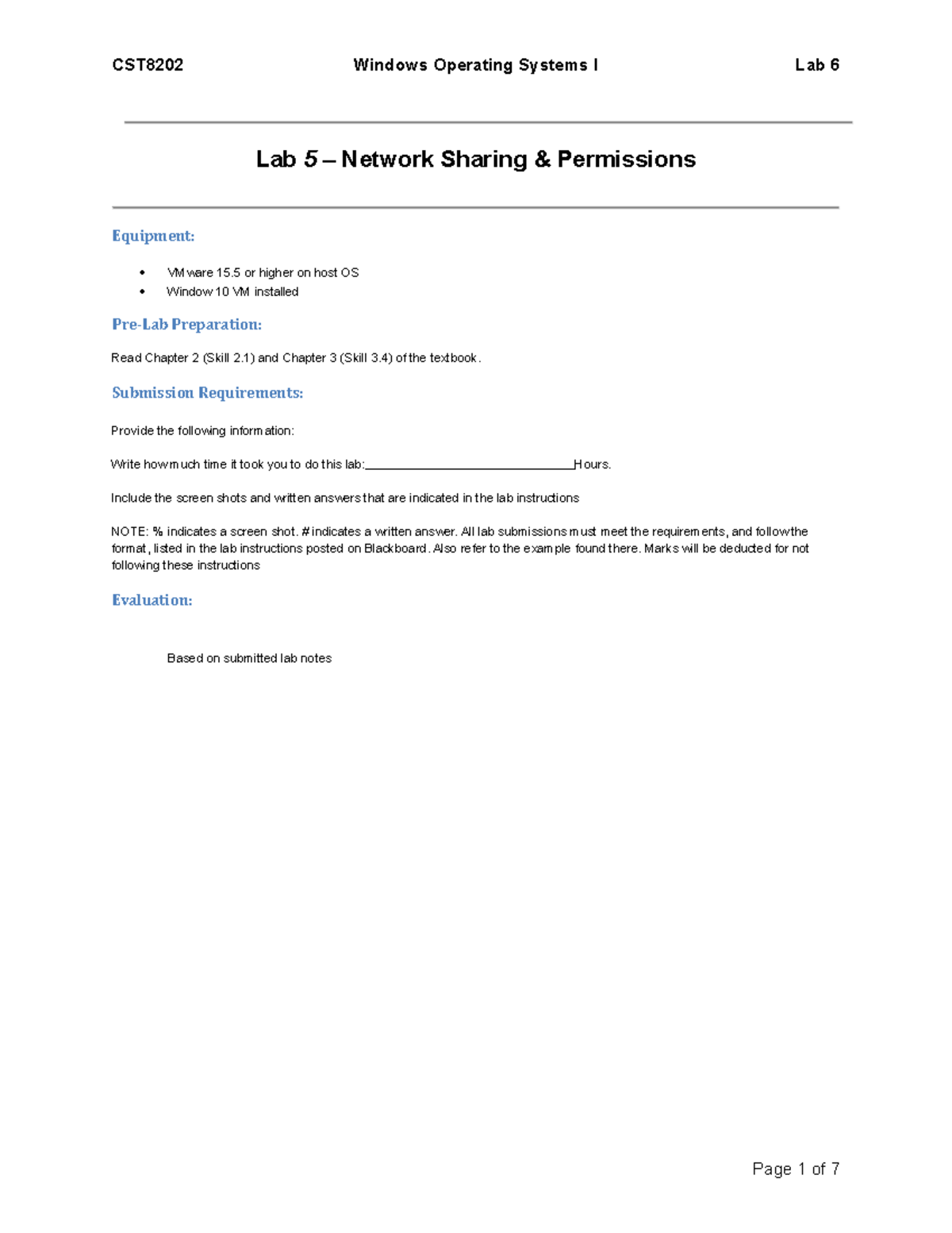 Lab 5 - CST8202 Windows Desktop Support - CST8202 Windows Operating Systems I Lab 6 Page 1 of 7 ...