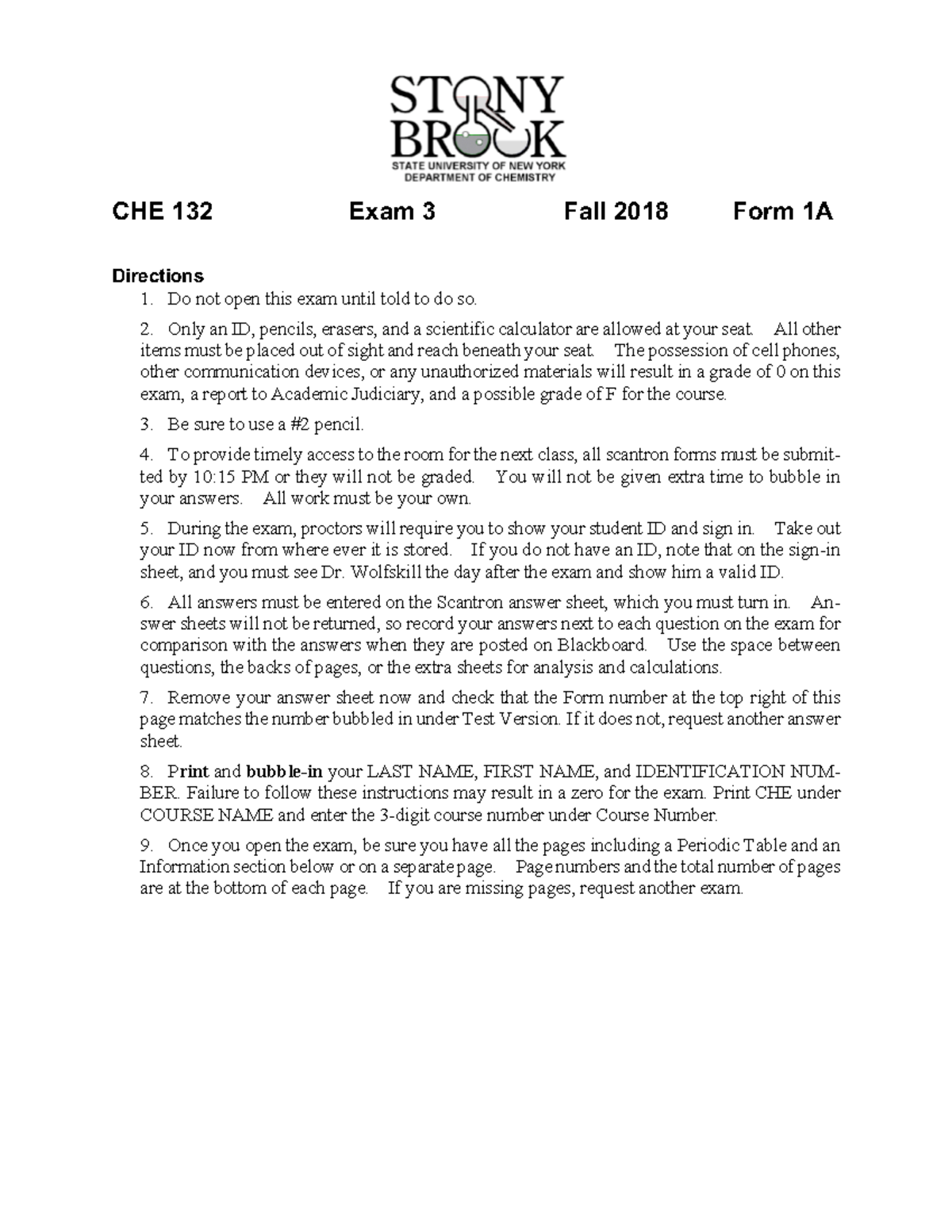 F18 132 E3 Form 1A - CHE 132 Exam 3 Fall 2018 Form 1A Directions 1. Do ...
