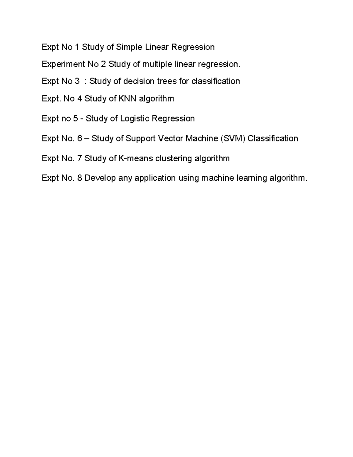 Experiment List ML - refeer - Computer Engineering - Expt No 1 Study of Simple Linear Regression ...