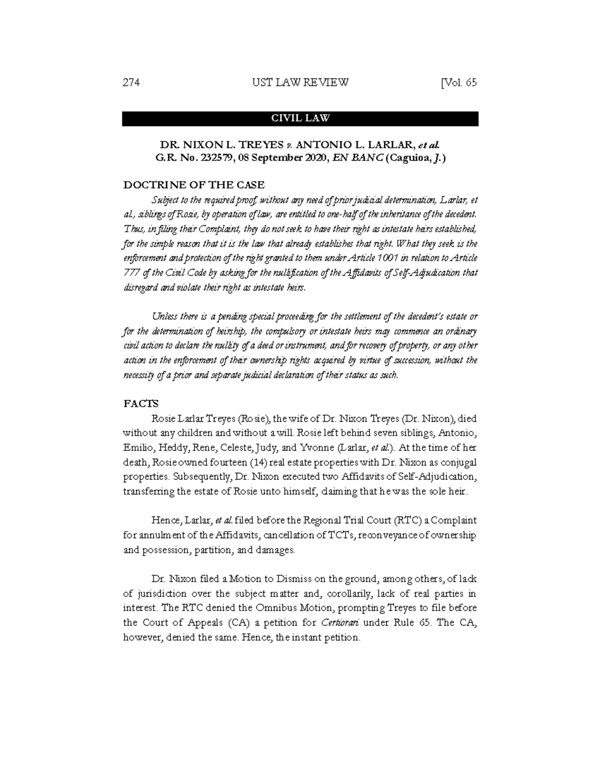 GR 232579 CASE Digest - 274 UST LAW REVIEW [Vol. 65 CIVIL LAW DR. NIXON ...