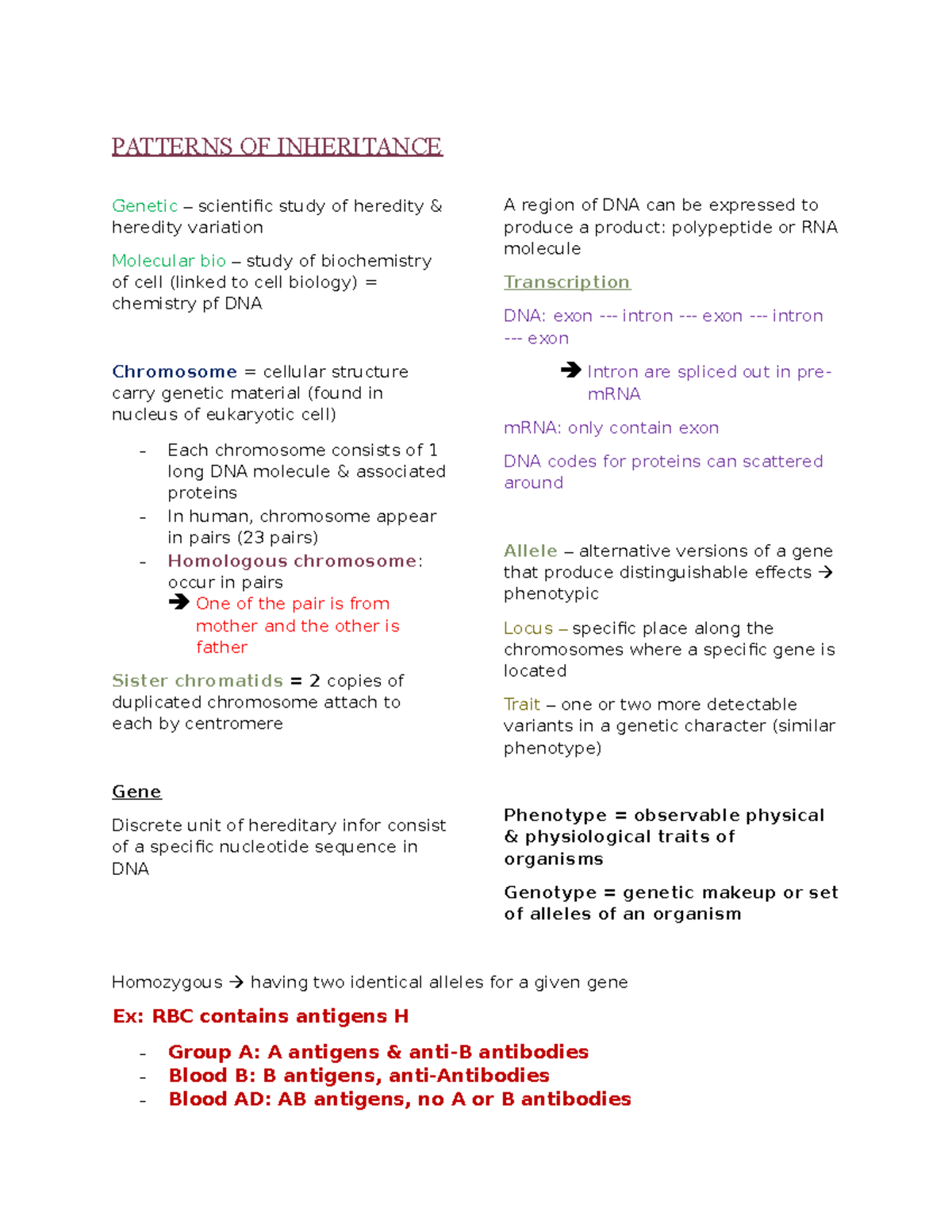 Meiosis and Mendel - Lecture notes Unit 2 - PATTERNS OF INHERITANCE ...