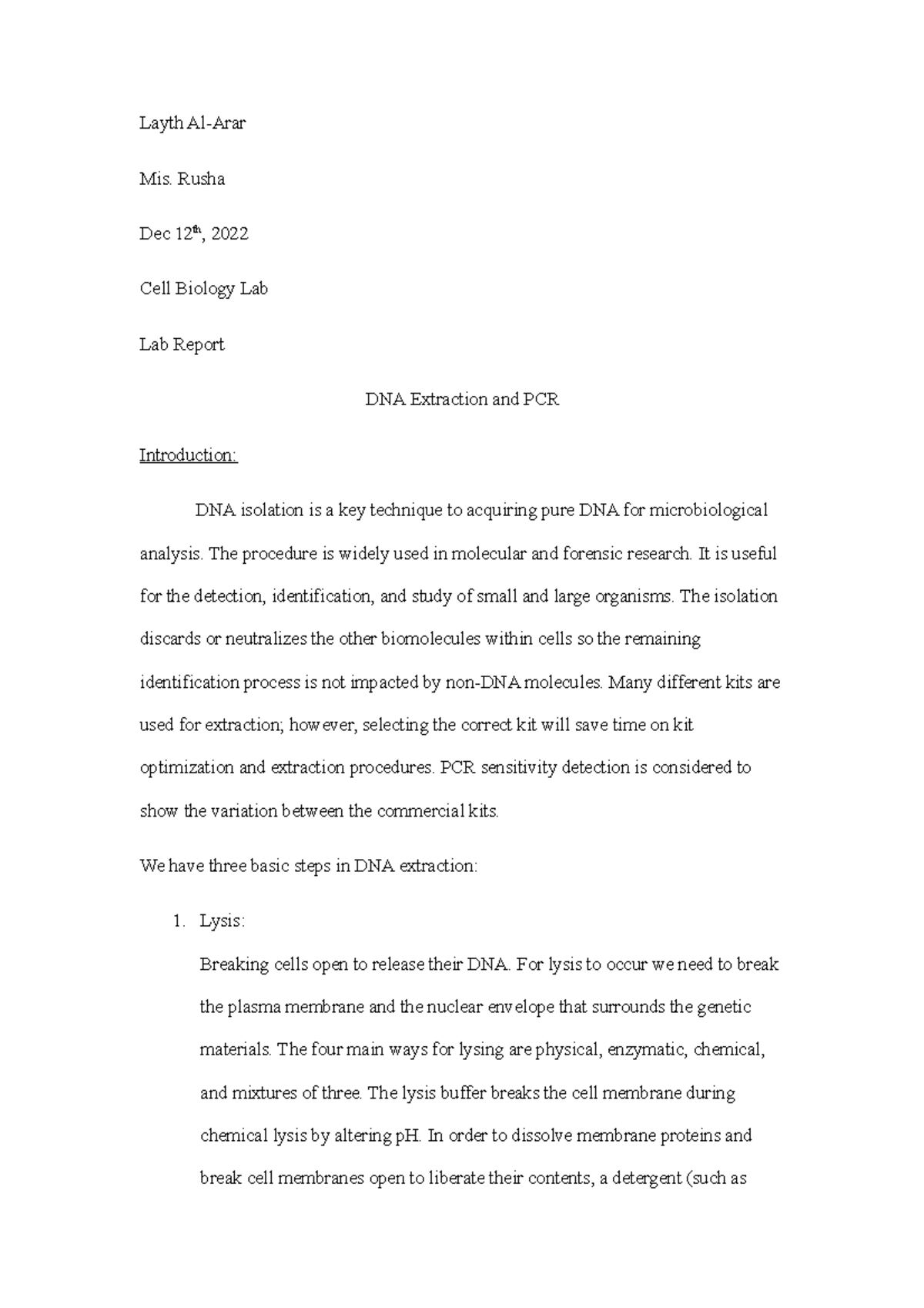 DNA extraction - Lab report - Layth Al-Arar Mis. Rusha Dec 12th, 2022 ...