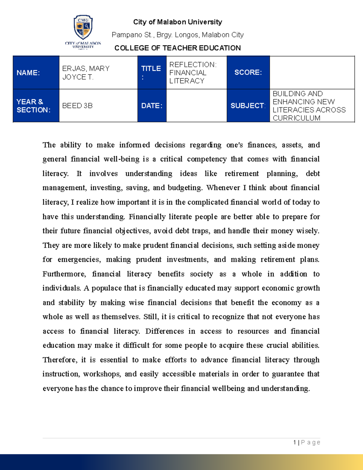 Reflection- Financial- Erjas - w NAME: ERJAS, MARY JOYCE T. TITLE ...