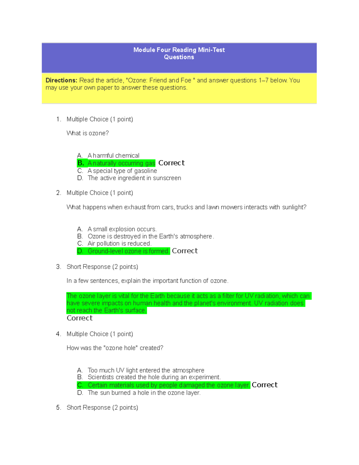 Module quiz 1 - Practice test - Module Four Reading Mini-Test Questions ...