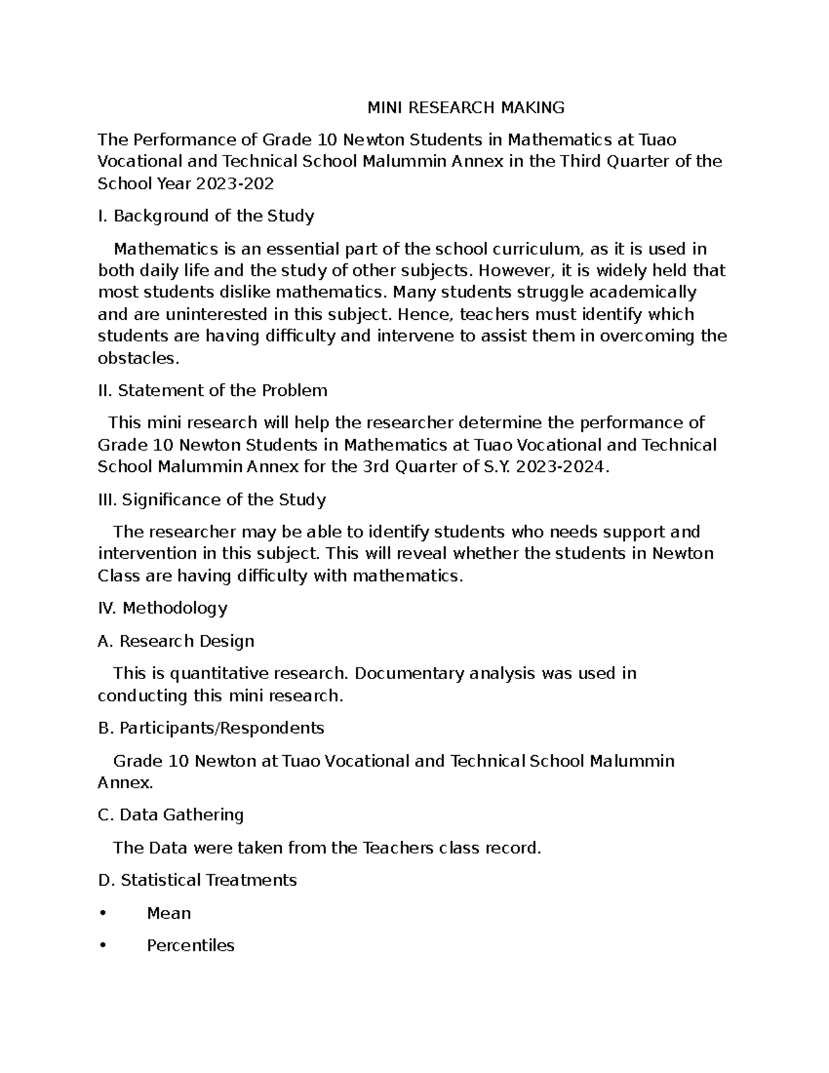 ALEX - Math - MINI RESEARCH MAKING The Performance of Grade 10 Newton ...