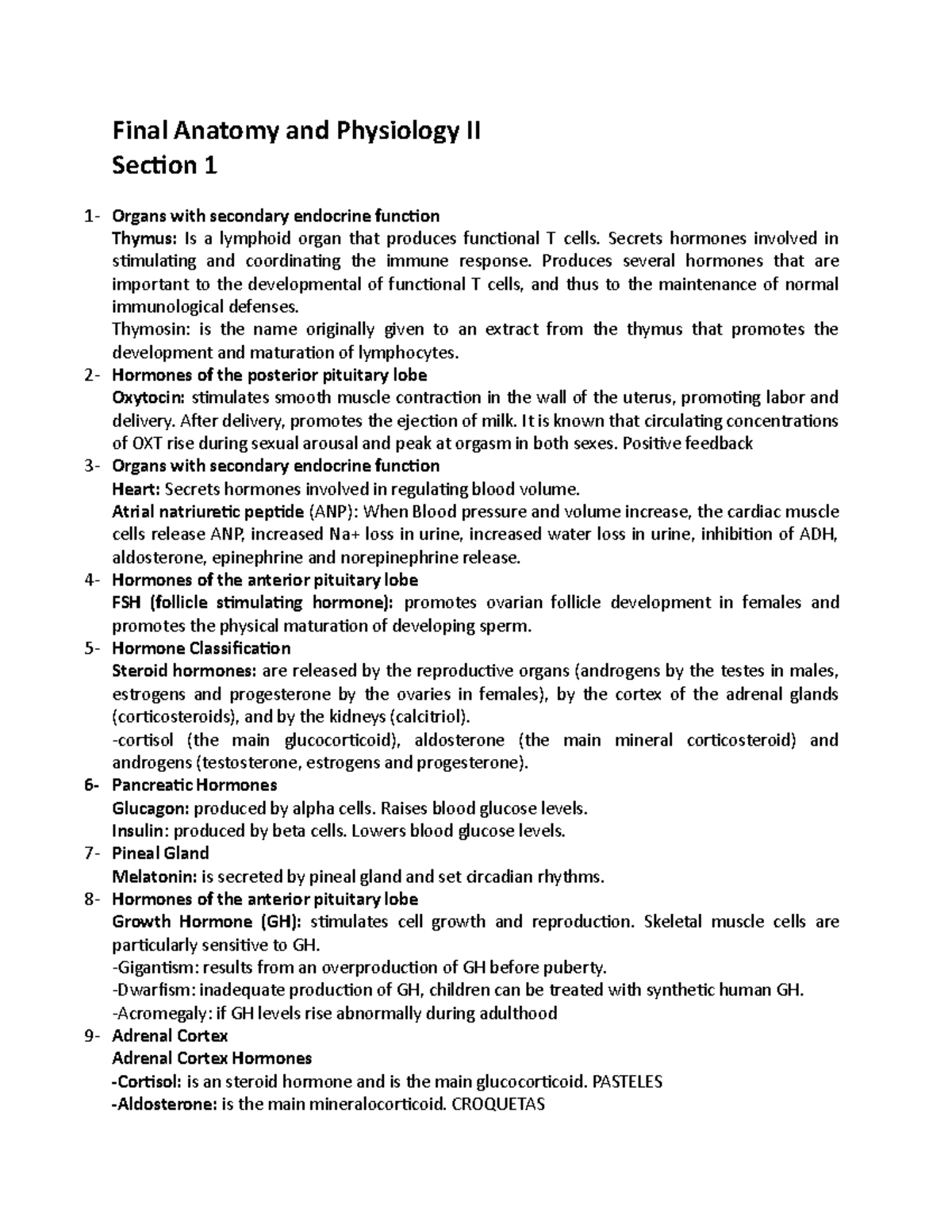 Summary for final exam A&P2 - Final Anatomy and Physiology II Section 1 ...