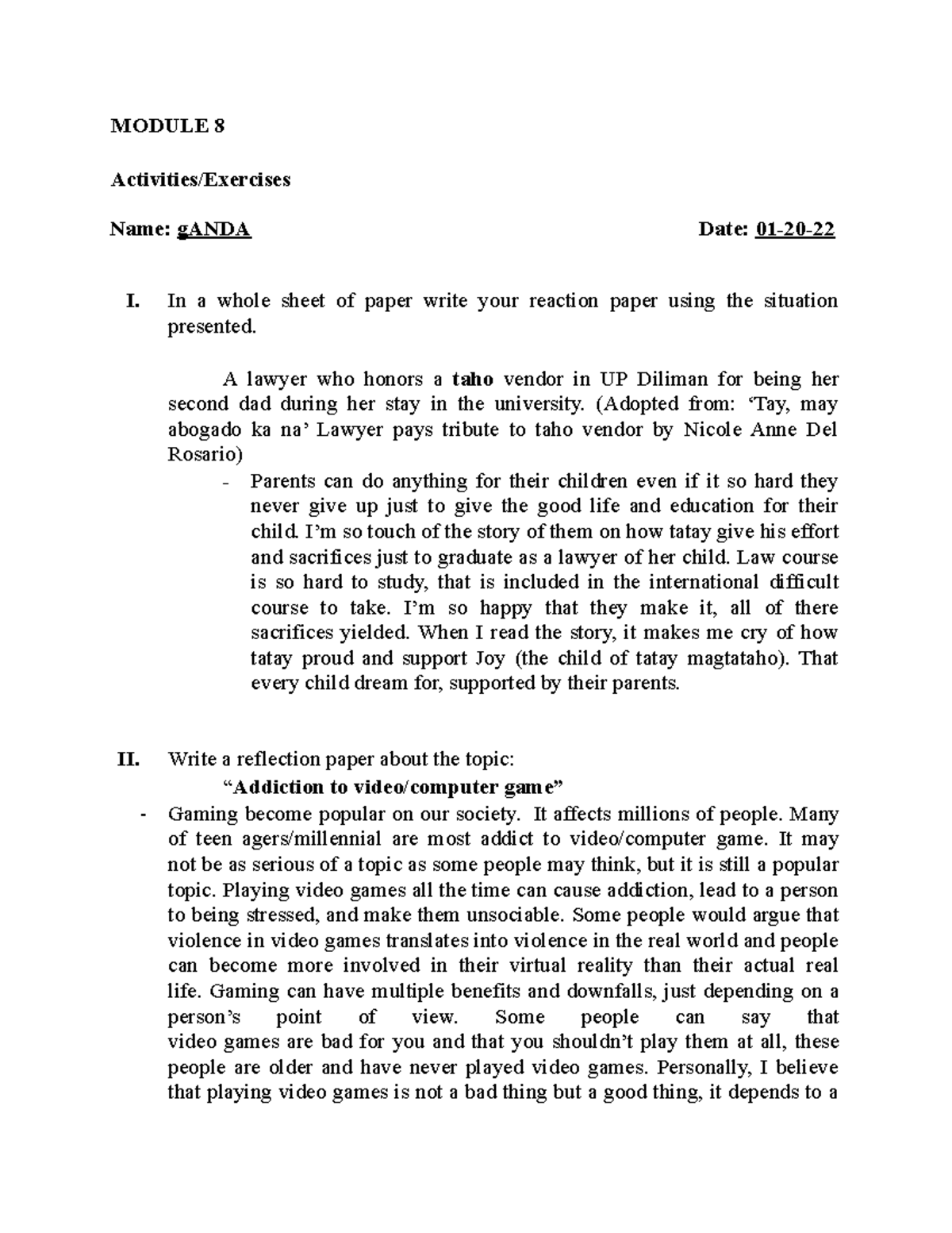 Activity- Module-8 Purcom - MODULE 8 Activities/Exercises Name: gANDA Date: 01-20- I. In a whole ...