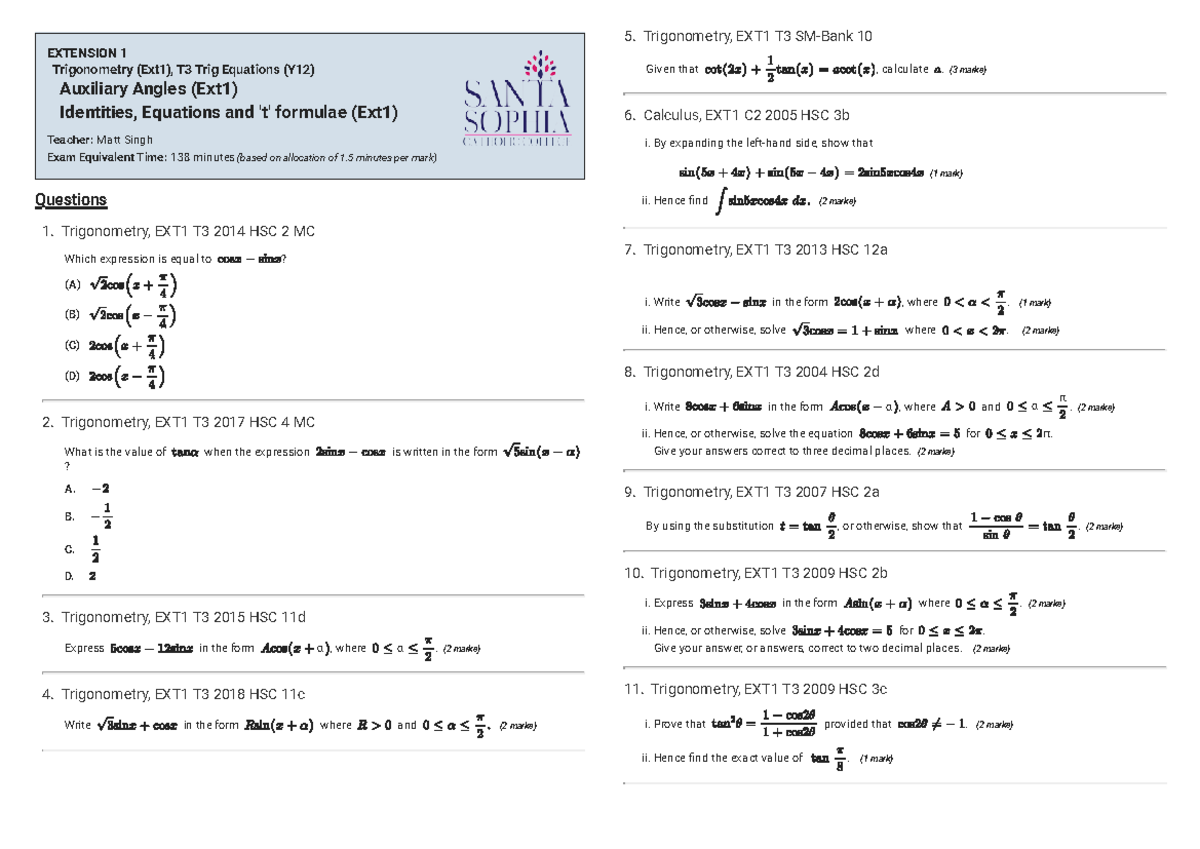 Trig equations and identities - 1. Trigonometry, EXT1 T3 2014 HSC 2 MC ...