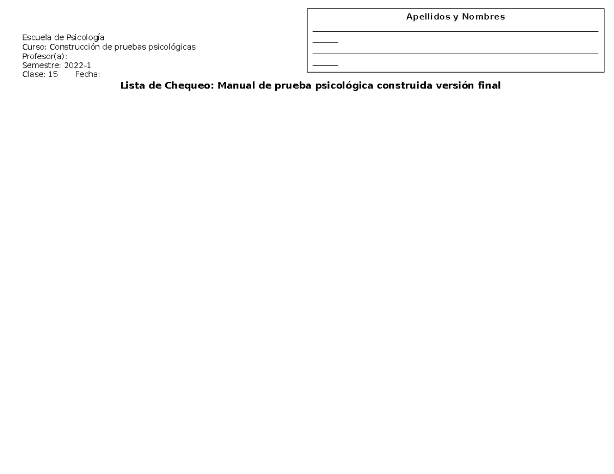 Sesion 15 Lista de cotejo Corregir Manual - Escuela de Psicología Curso: Construcción de pruebas ...