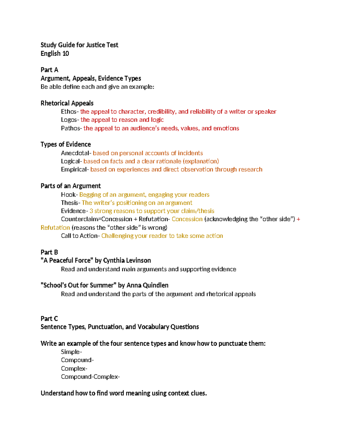 Study Guide for Justice Test - Study Guide for Justice Test English 10 ...