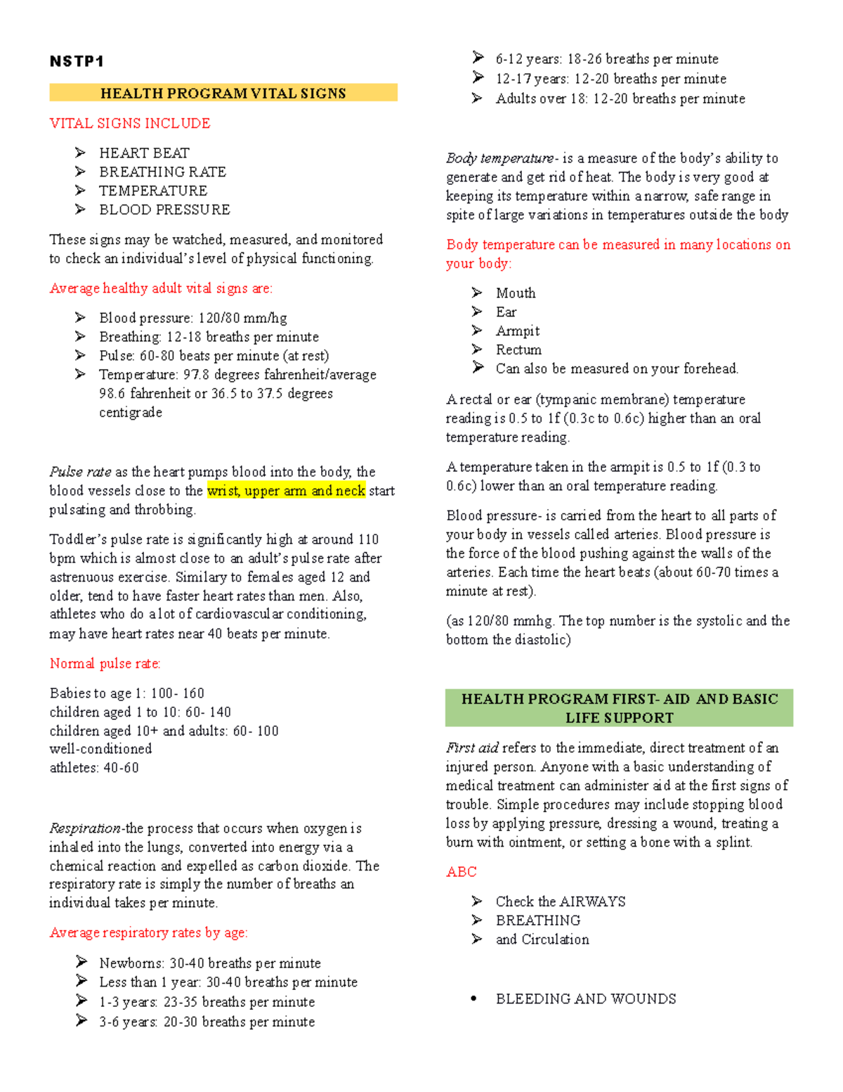 NSTP1- Reviewer - NSTP HEALTH PROGRAM VITAL SIGNS VITAL SIGNS INCLUDE ...