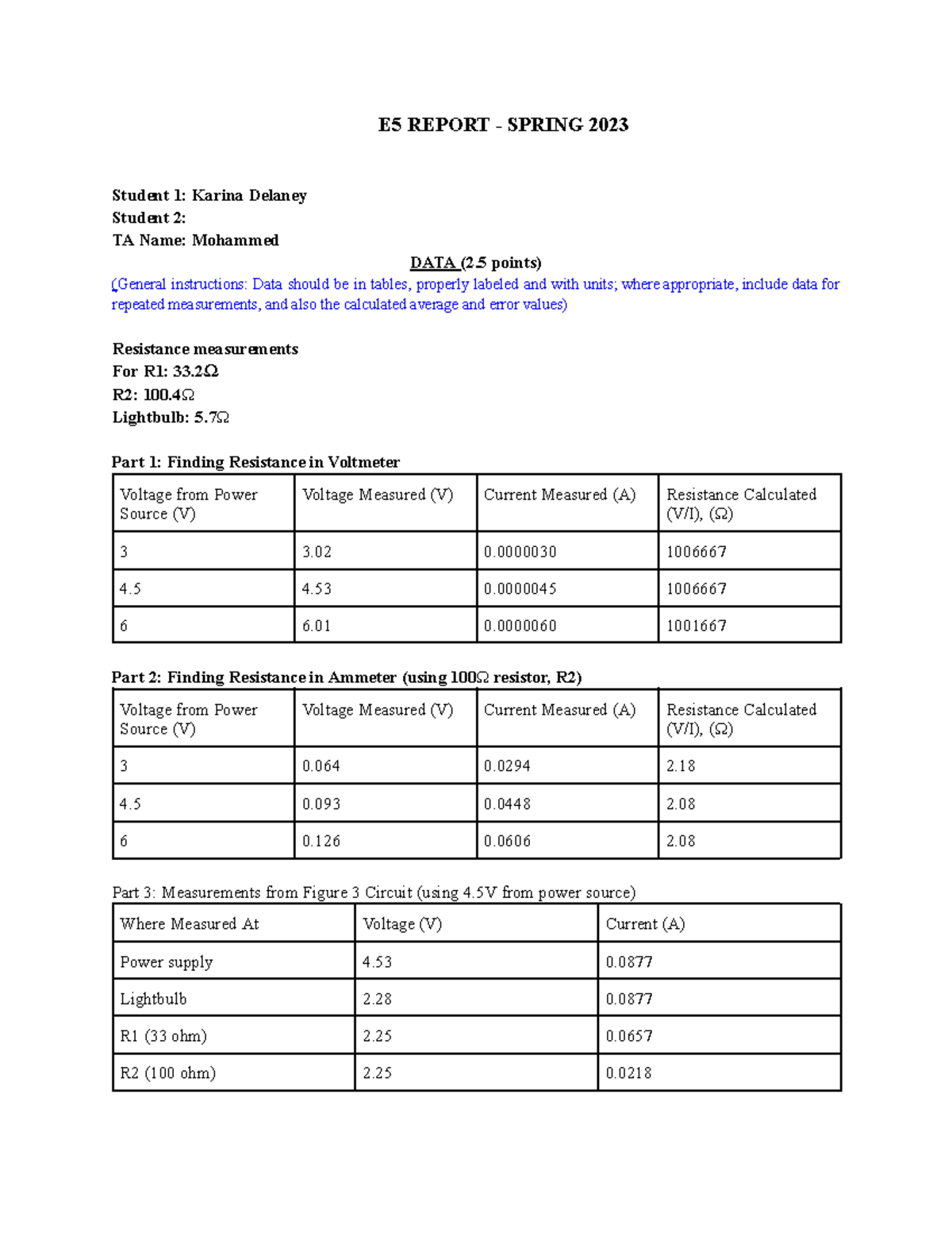 E5 Report - E5 REPORT - SPRING 2023 Student 1: Karina Delaney Student 2: TA Name: Mohammed DATA ...