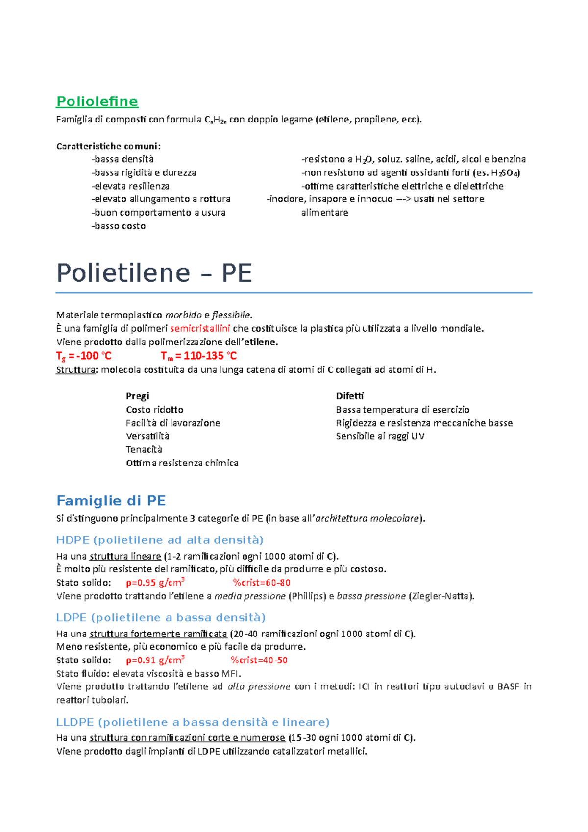 2- PE (poliolefine) - Riassunto Polimeri industriali - Poliolefine ...