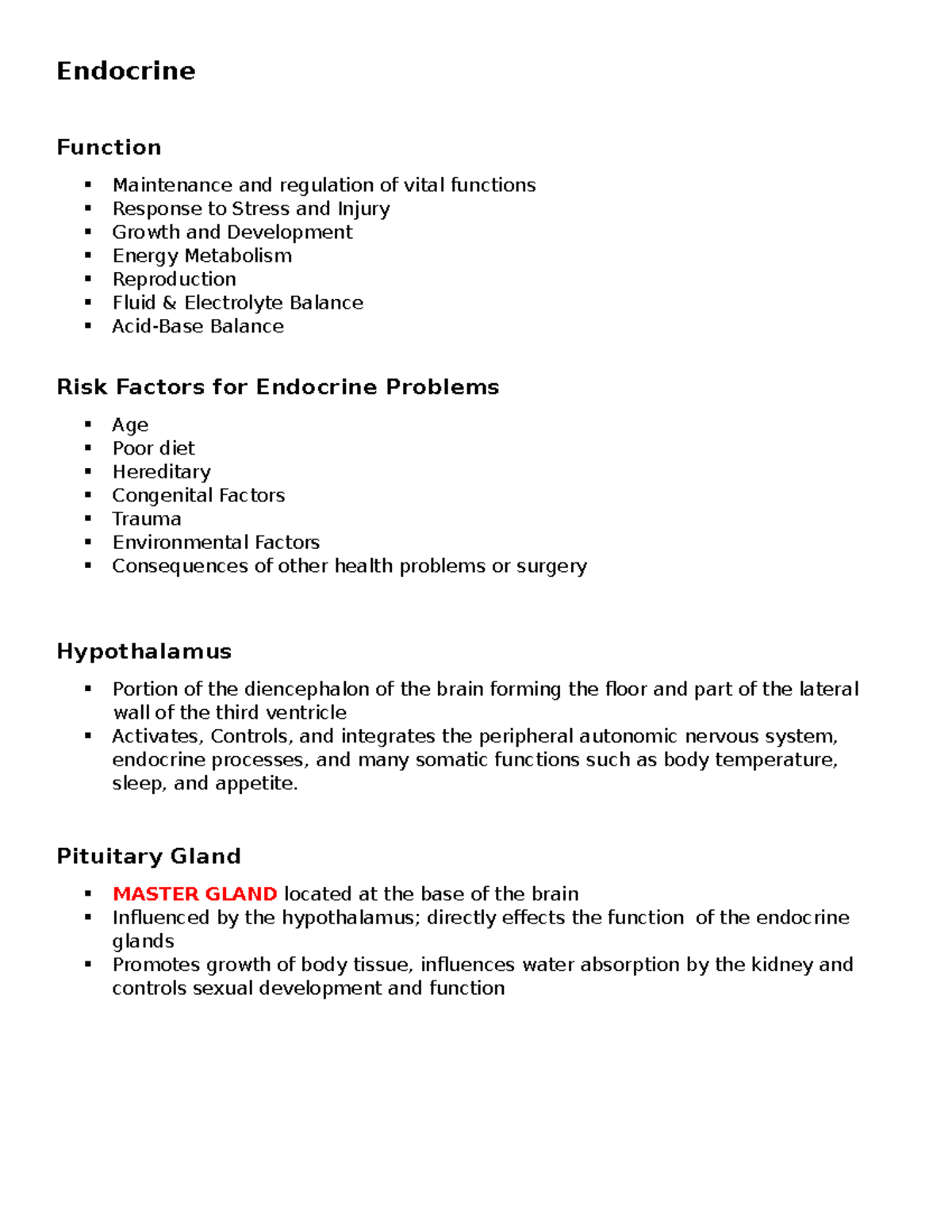 Endocrine study guide - Endocrine Function Maintenance and regulation ...