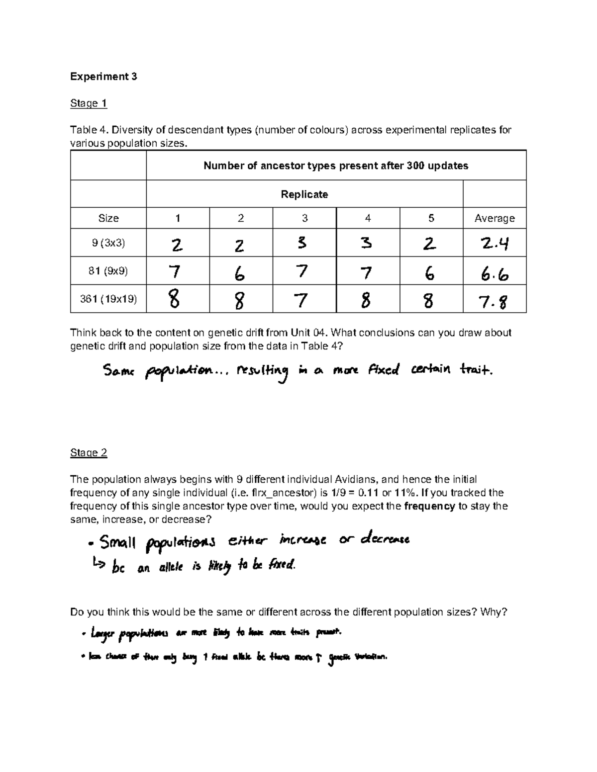 Bio2400 answer 1 - case study 2 pt2 - Experiment 3 Stage 1 Table 4 ...