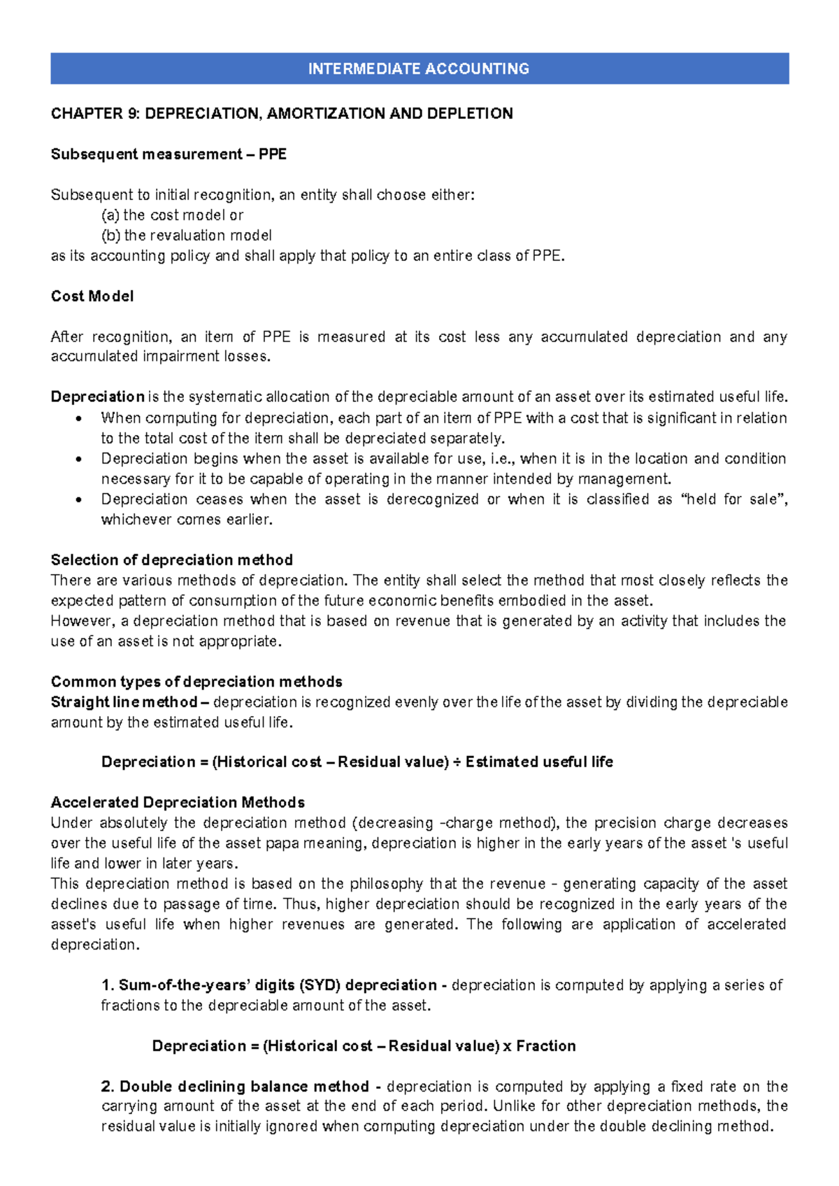 Chapter 9: Intermediate Accounting - INTERMEDIATE ACCOUNTING CHAPTER 9: DEPRECIATION ...