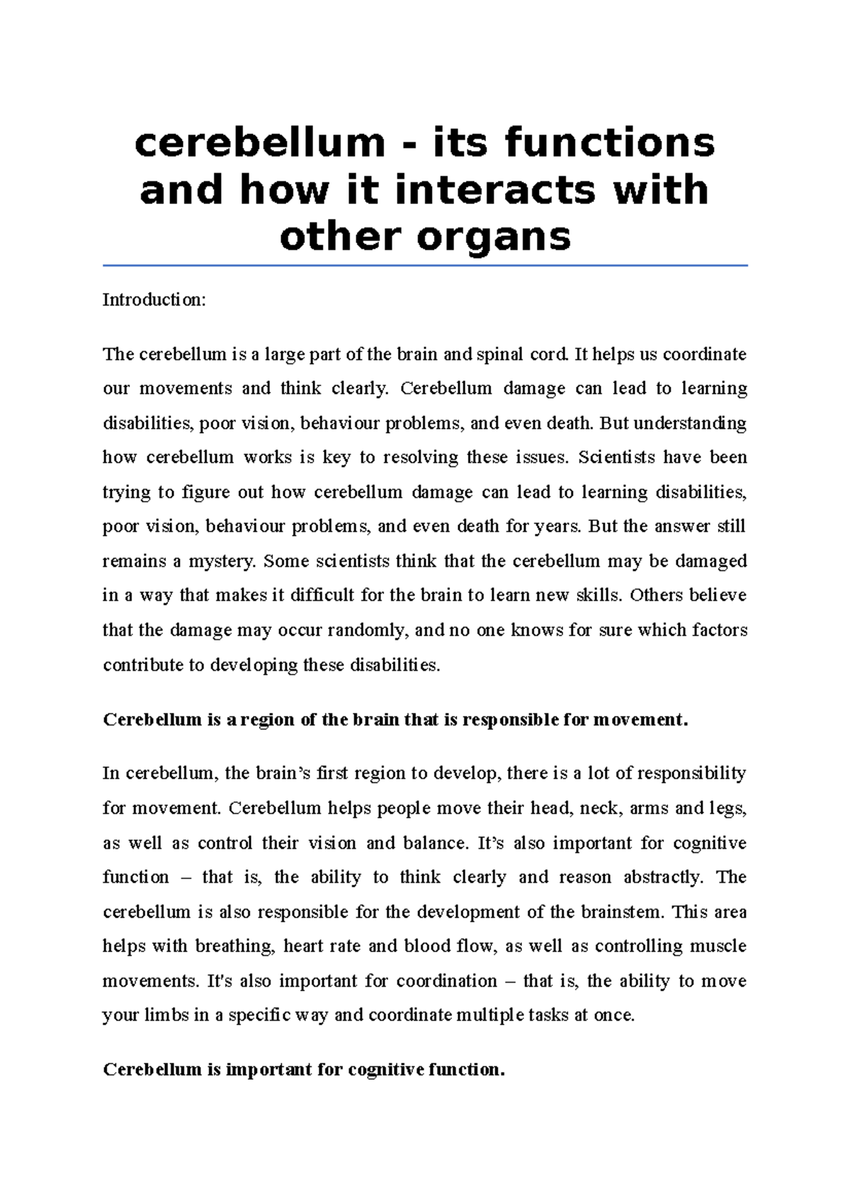 Cerebellum - its functions and how it interacts with other organs ...