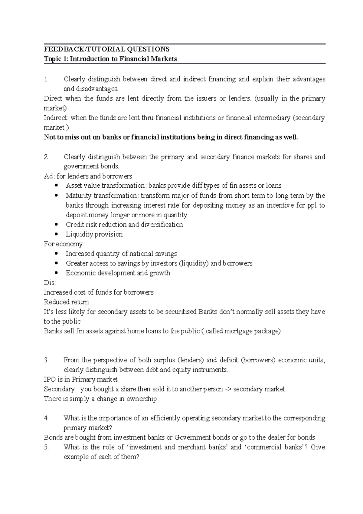 Notes 1 - FEEDBACK/TUTORIAL QUESTIONS Topic 1:Introduction to Financial ...