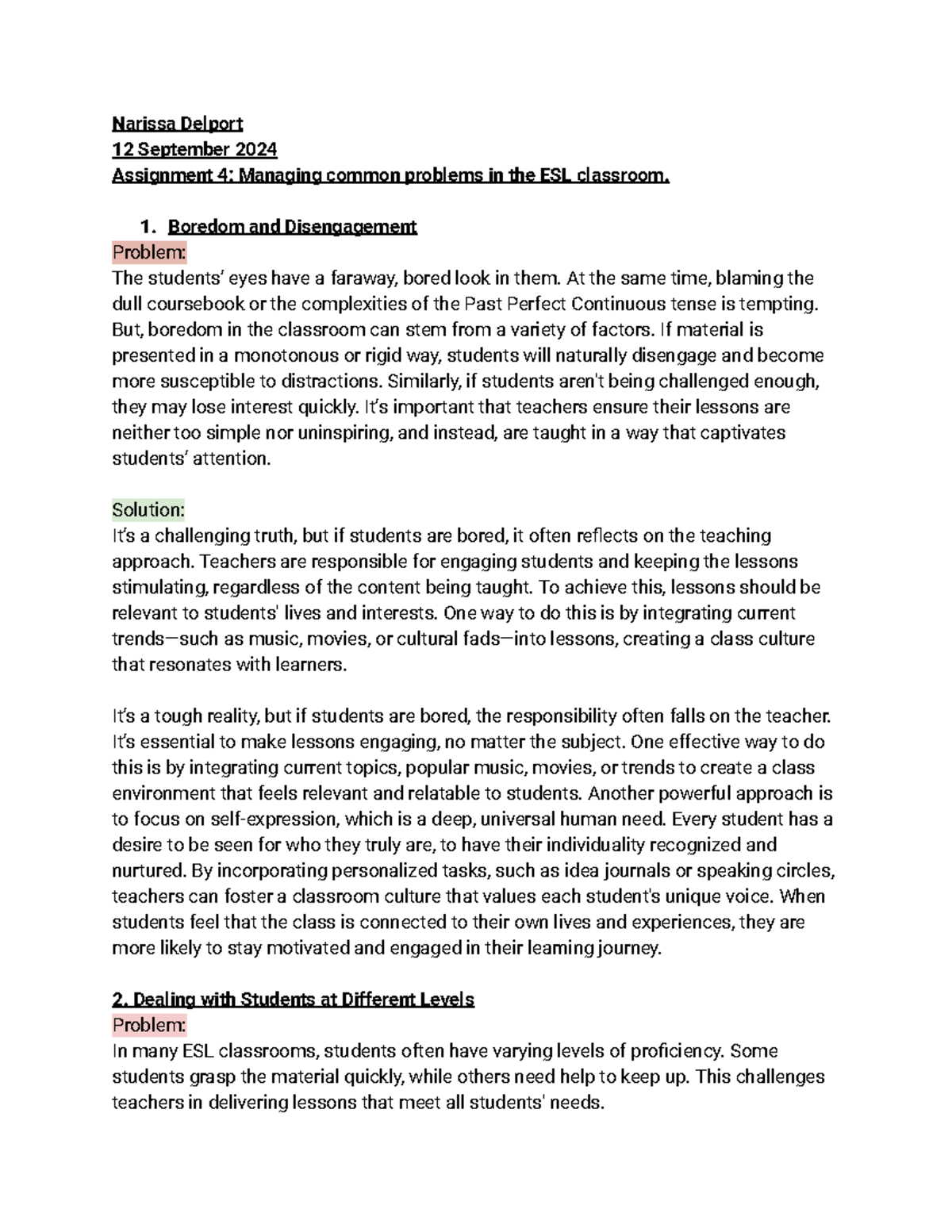 TOTB Assignment FOUR - Managing Classroom Problems - Narissa Delport 12 ...