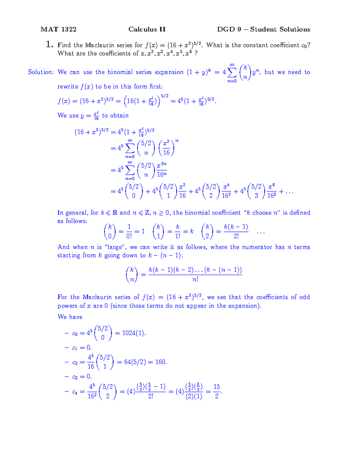 Mat1322 DGD9 2023 Student Solutions - MAT 1322 Calculus II DGD 9 – Student Solutions 1. Find the ...