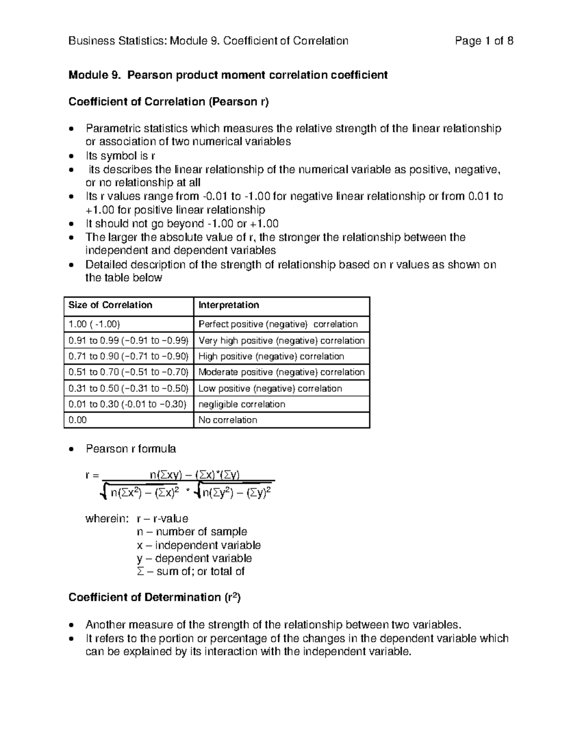 Statistics Module 9 - Module 9. Pearson product moment correlation ...