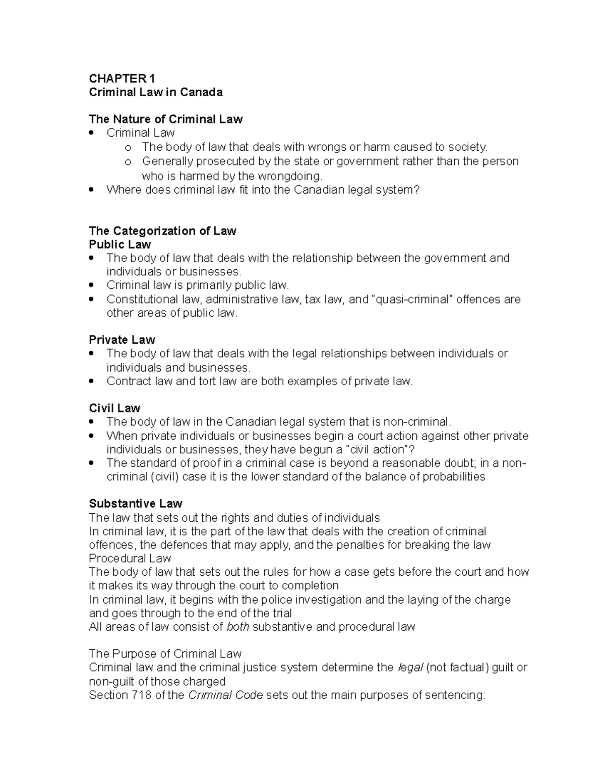 Chapter 1 Notes - CHAPTER 1 Criminal Law in Canada The Nature of ...