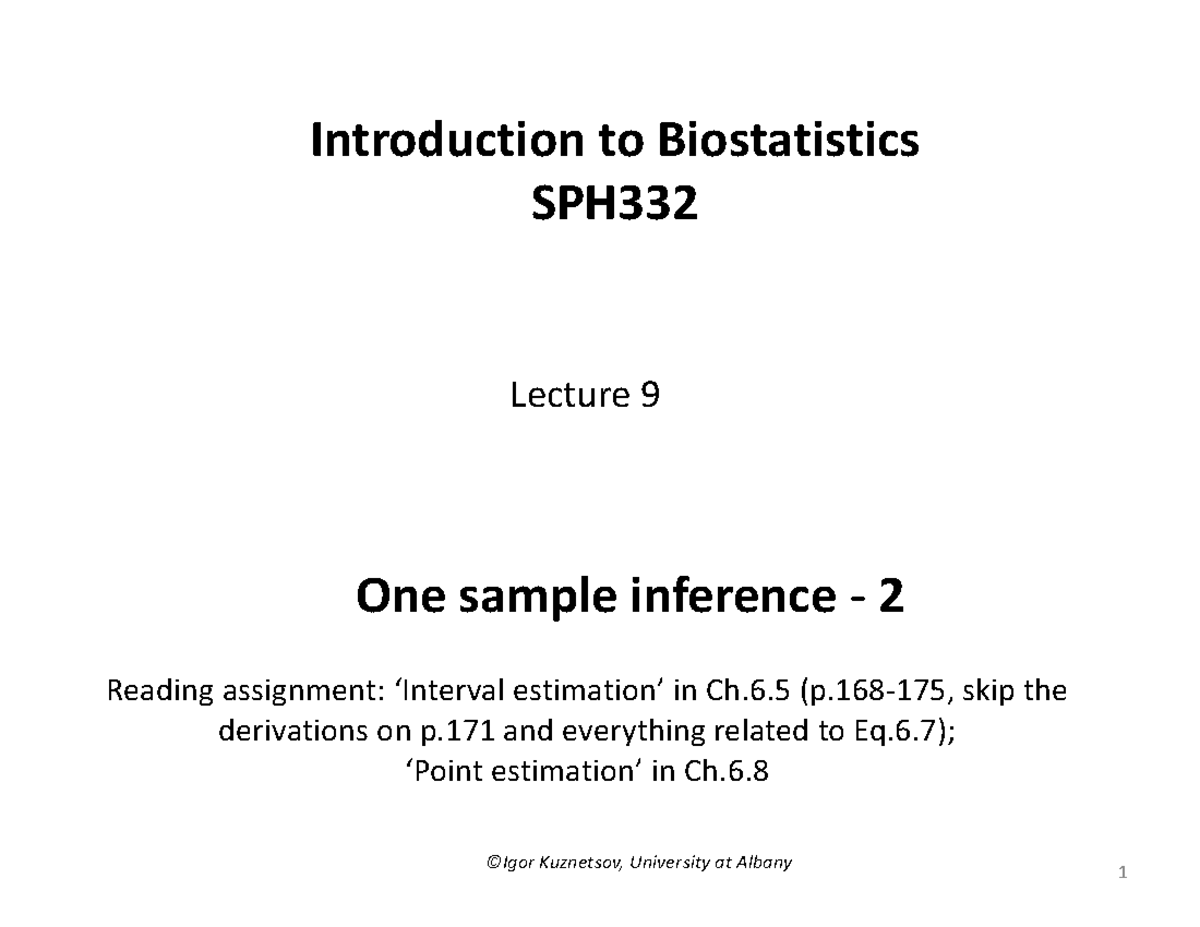 Lecture 9 w/ answers - One sample inference - 2 Introduction to Biostatistics SPH Reading - Studocu