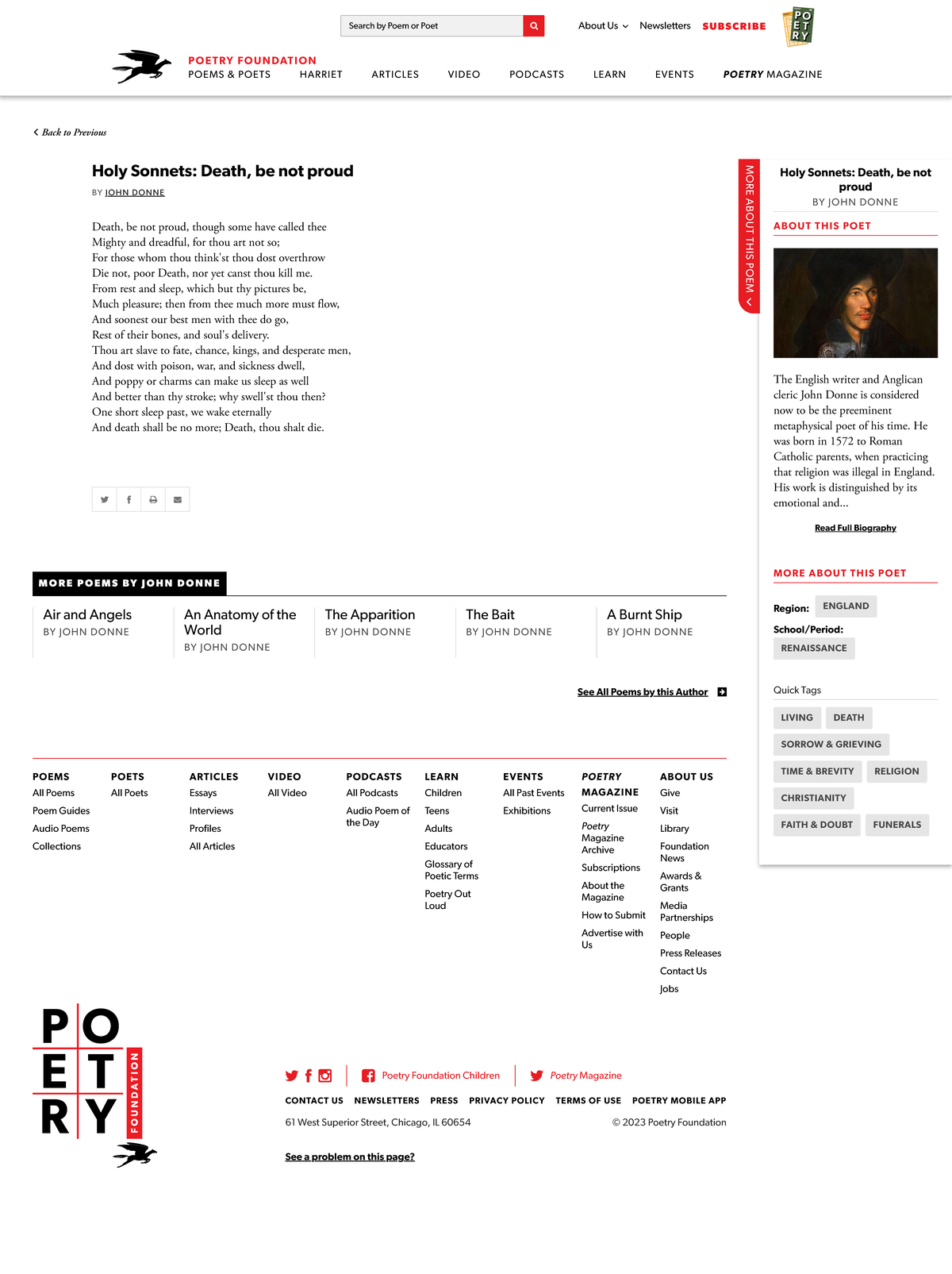 Holy Sonnets Death, be not proud by John Donne Poetry Foundation - Back ...